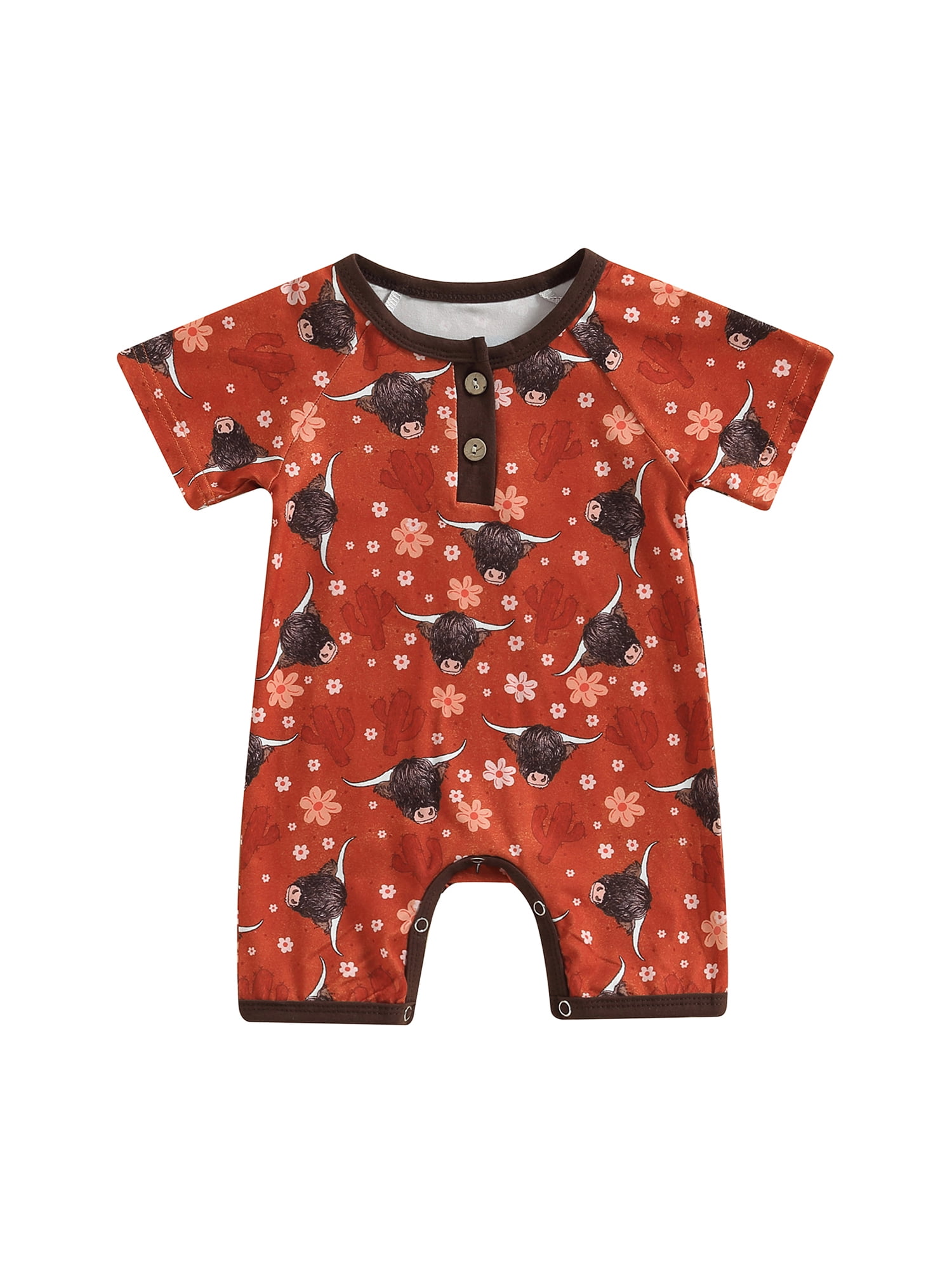 Lamuusaa Baby Western Romper, Short Sleeve Button Down Round Neck Cow ...