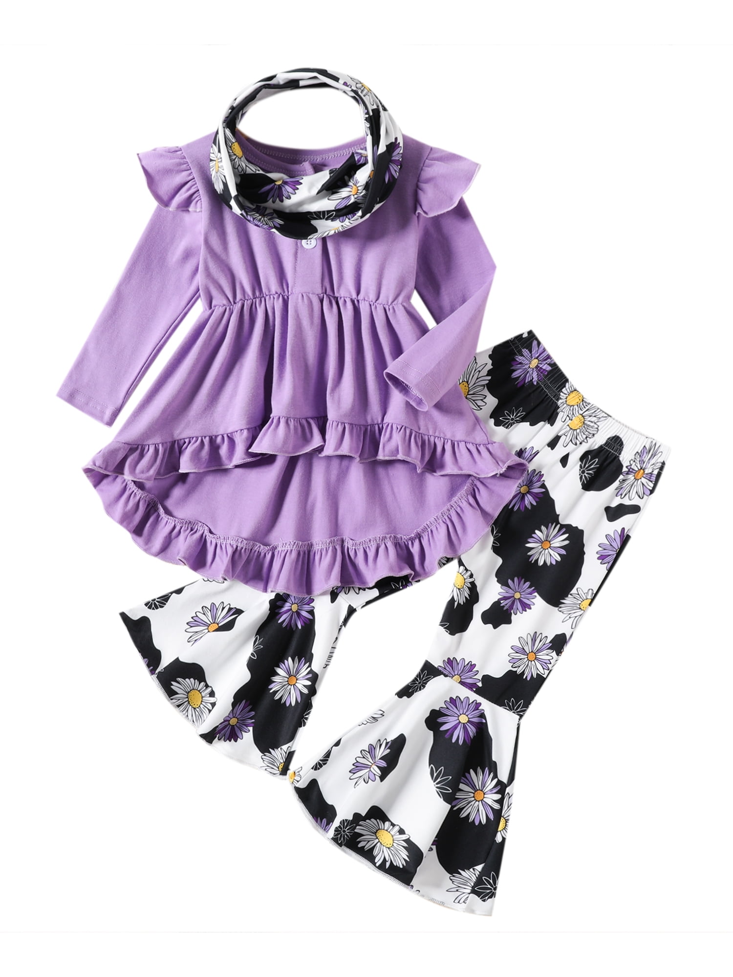Lamuusaa Girls Pants Set Casual Ruffles Trim Flying Sleeve Shirt and Cow Print Flared Pants ...