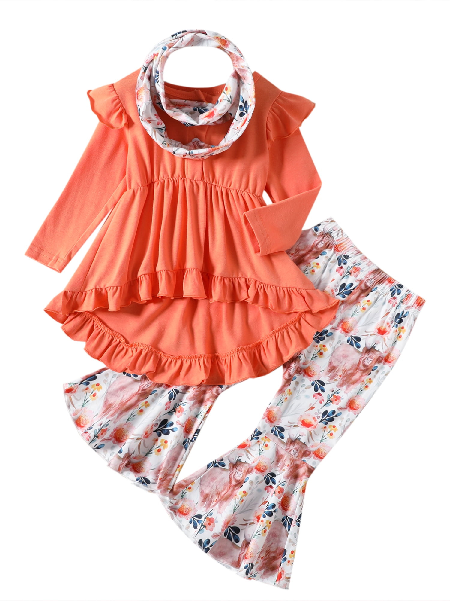 Lamuusaa Girls Pants Set Casual Ruffles Trim Flying Sleeve Shirt and Cow Print Flared Pants ...