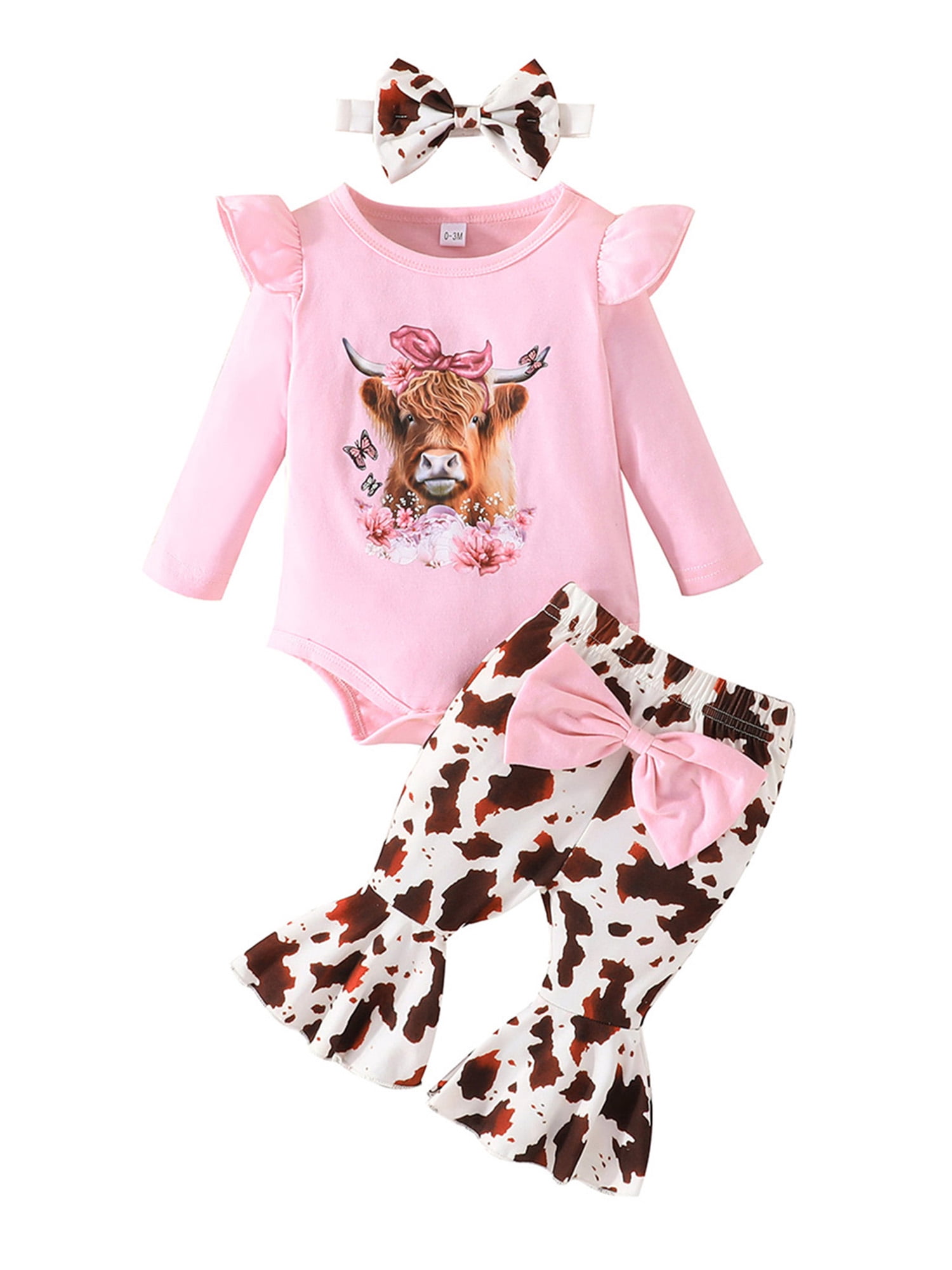 Lamuusaa Infant Baby Girl Western Clothes Cattle Head Print Long Sleeve Romper Bowknot Flare ...