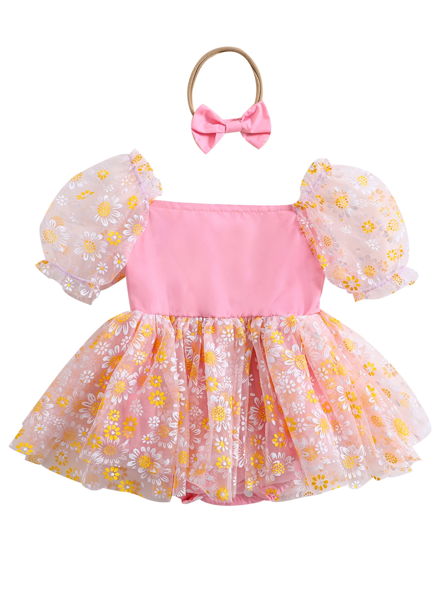 Lamuusaa Infant Girl Romper Dress Daisy Print Short Puff Sleeve Mesh ...