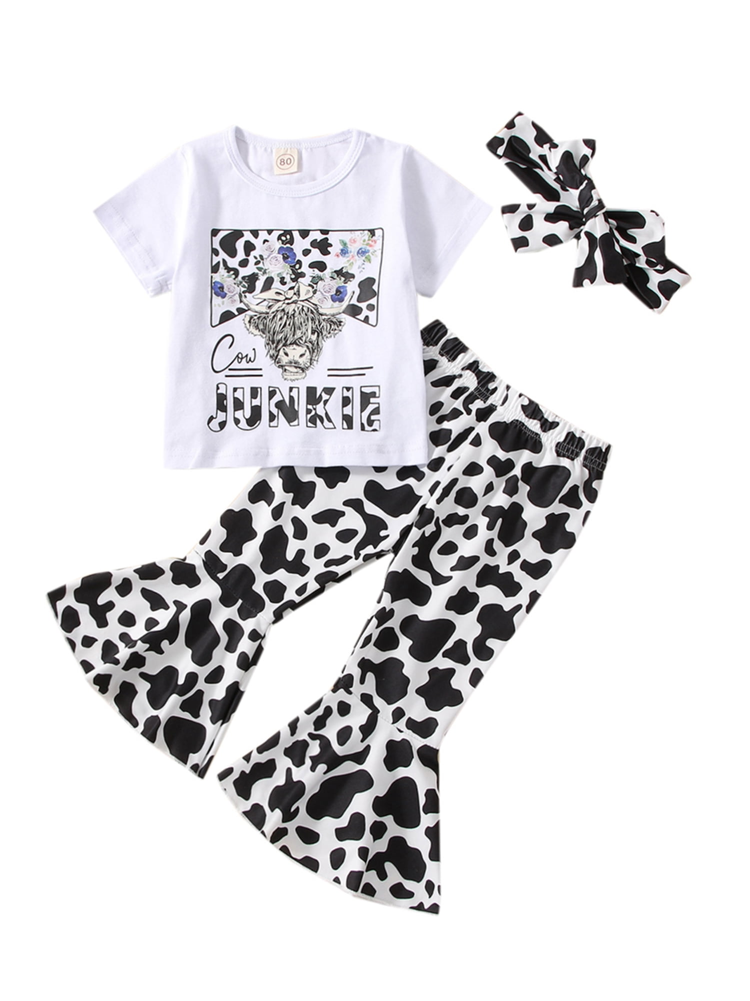 Lamuusaa Kids Girls Summer Outfits Cow Head Print Short Sleeve T-shirt and Casual Flare Pants ...