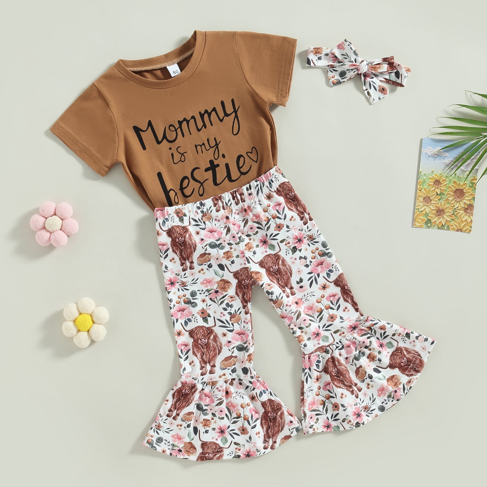 Lamuusaa Kids Girls Summer Outfits Letter Print Short Sleeve T-shirt and Casual Floral Flare ...