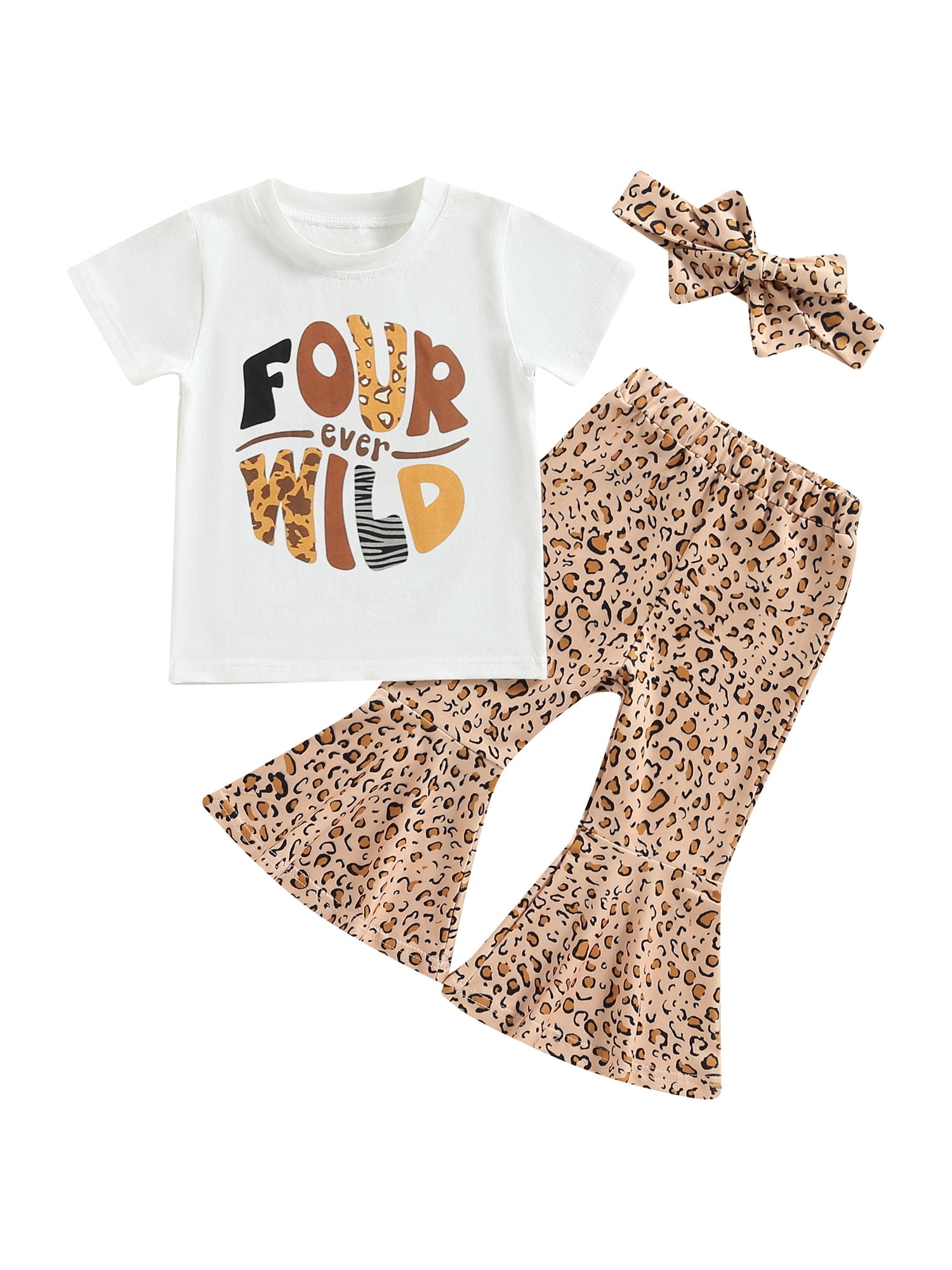 Lamuusaa Kids Girls Summer Outfits Short Sleeve T-shirt and Leopard Print Pants Headbands Set ...