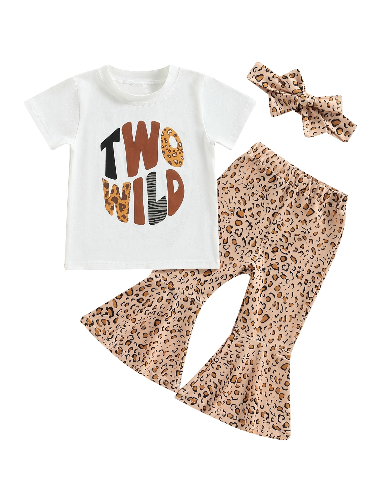 Lamuusaa Kids Girls Summer Outfits Short Sleeve T-shirt and Leopard Print Pants Headbands Set ...