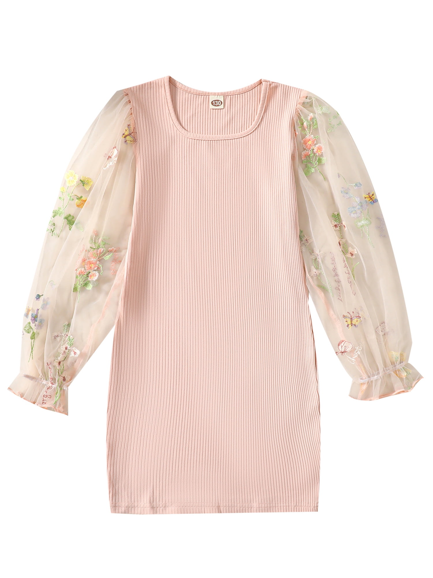 Lamuusaa Little Girl Knitted Dress Elegant Floral Embroidery Mesh Long ...