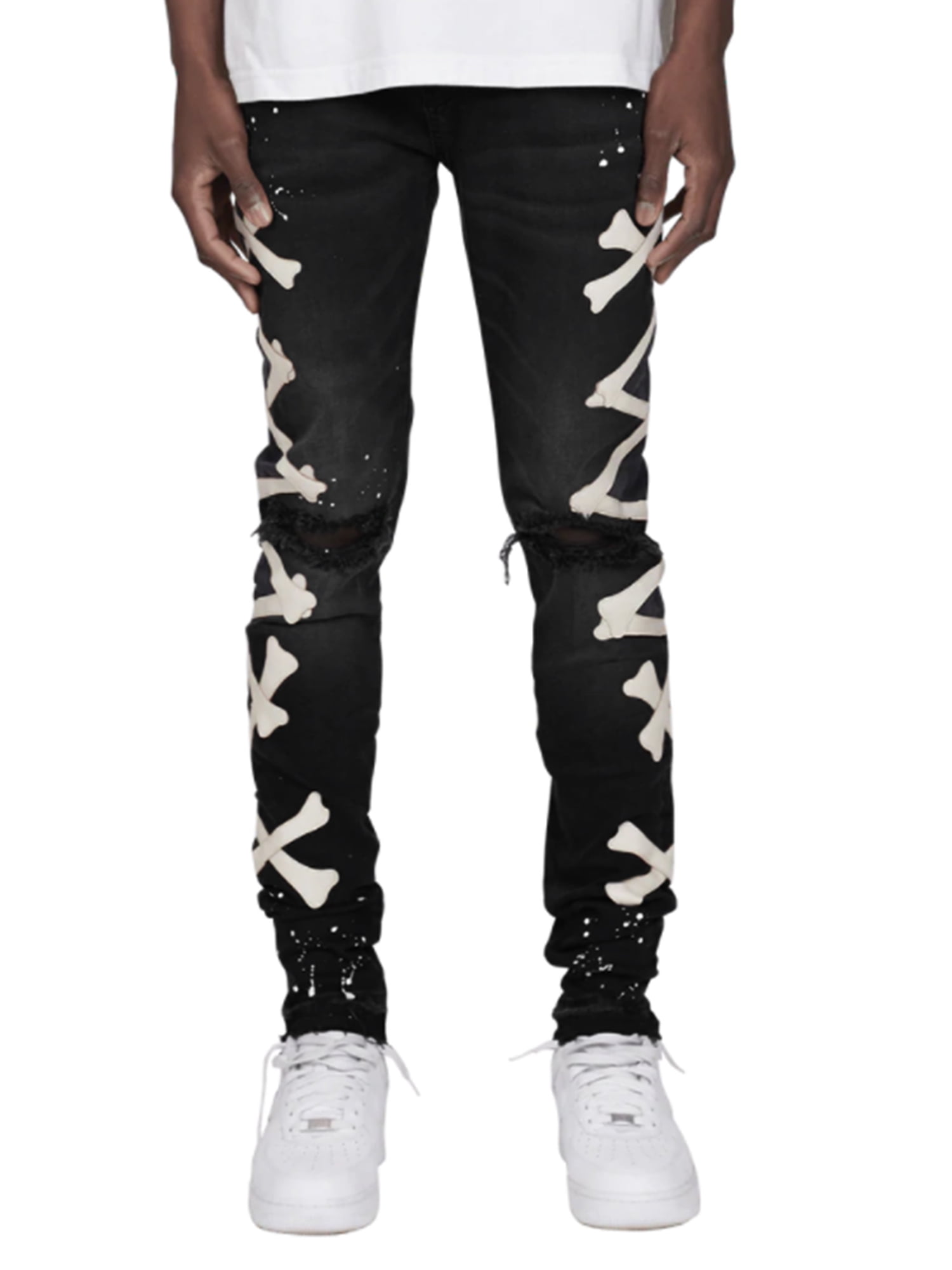 Lamuusaa Men Casual Trousers Jeans, Mid Waist Color Contrast Bones ...
