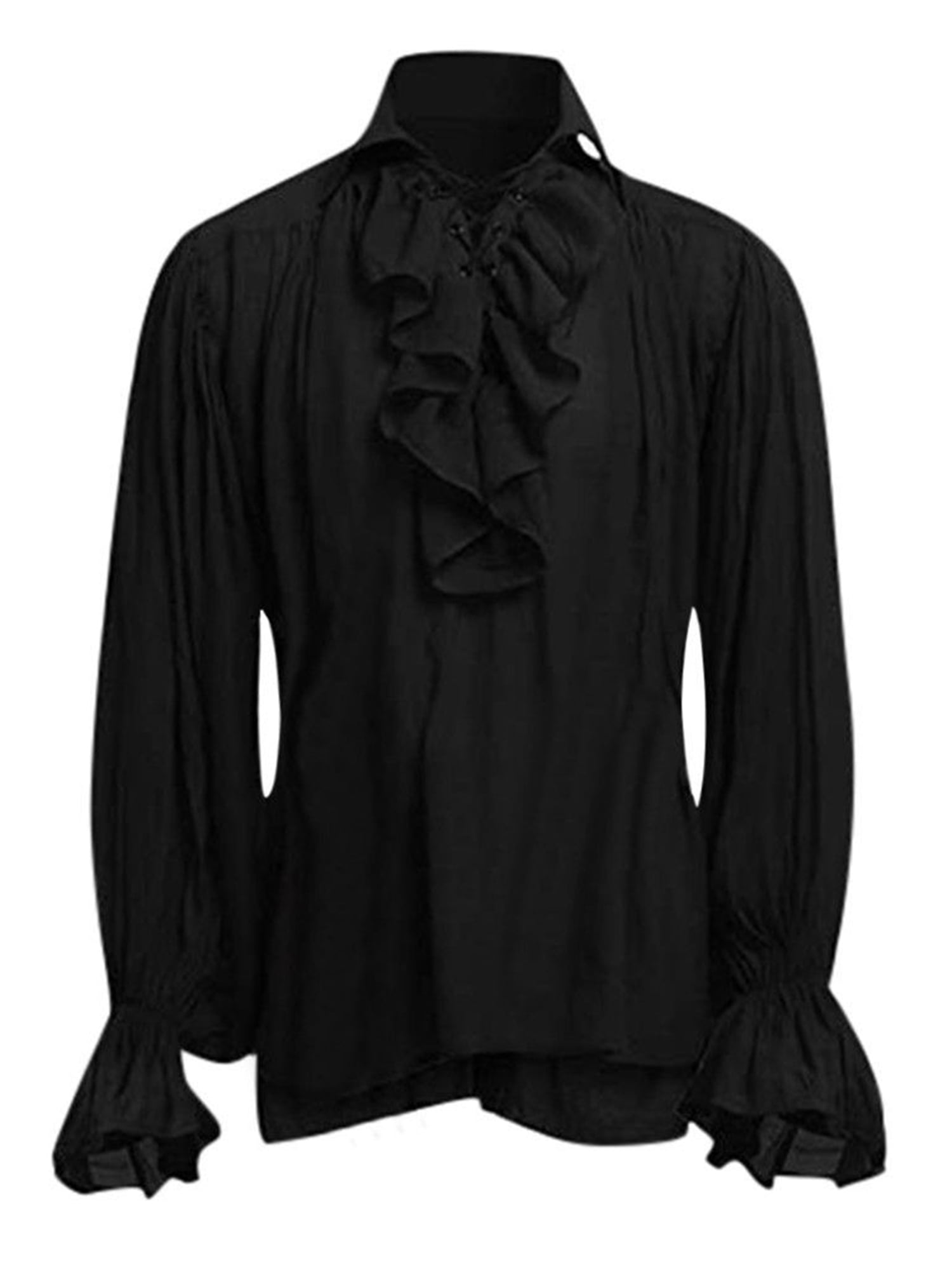 Lamuusaa Retro Men's Shirt, Ruffle Lace Up V Neck Long Sleeve Solid ...