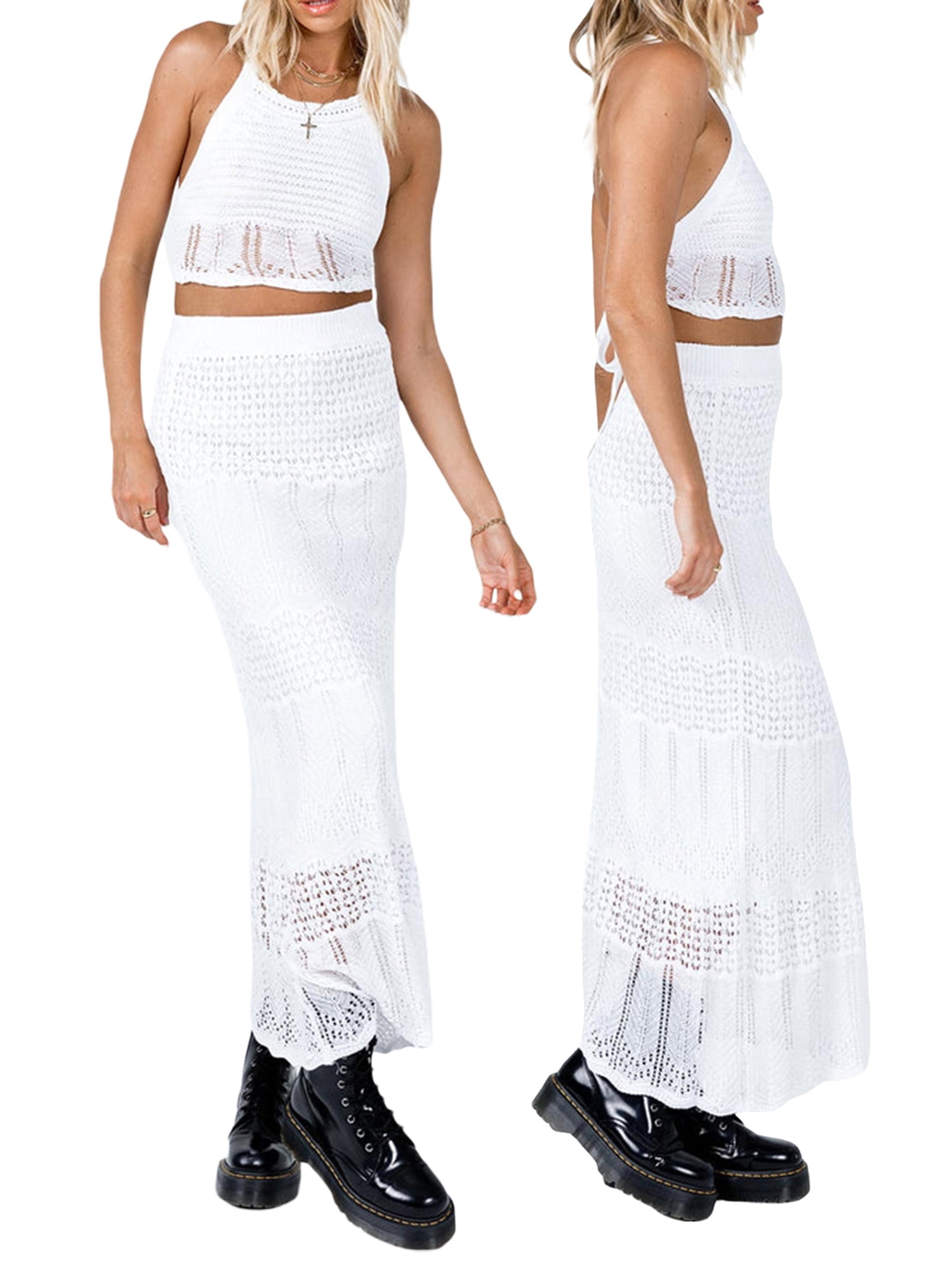 Lamuusaa Summer Beach Skirt Sets Women 2 Piece Hollow Out Outfits