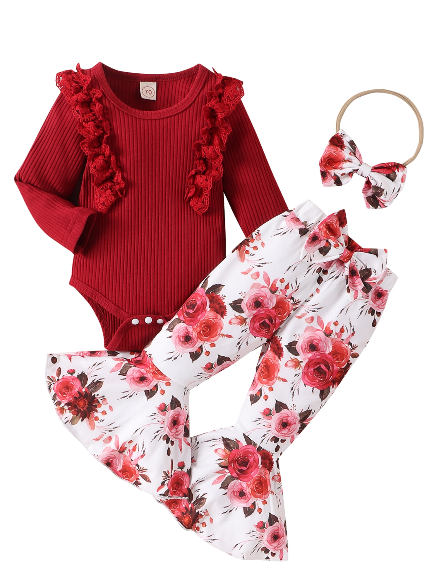 Lamuusaa Toddler Baby Girl Fall Clothes Solid Ribbed Long Sleeve Romper Flower Pattern Flare ...