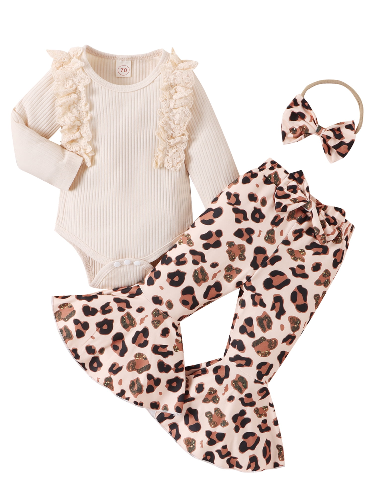 Lamuusaa Toddler Baby Girl Fall Clothes Solid Ribbed Long Sleeve Romper Flower Pattern Flare ...