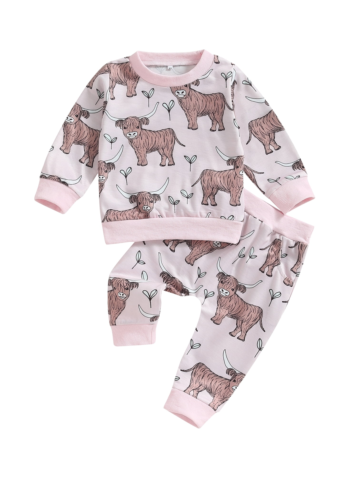 Lamuusaa Toddler Baby Girls Western Clothes Cow Print Long Sleeve and Pants Set Cute 2 Pcs ...