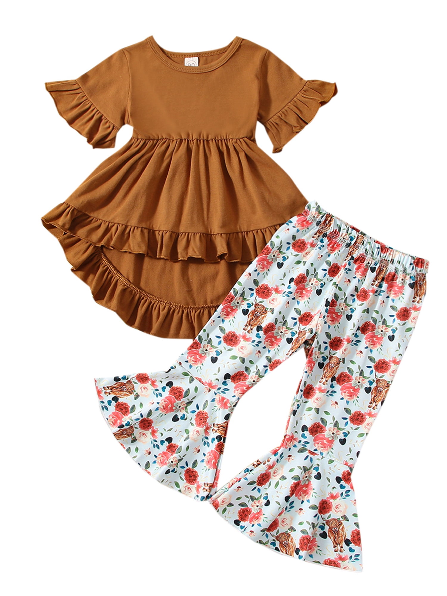 Lamuusaa Toddler Girl 2Pcs Spring Outfits, Short Sleeve Ruffle Tops ...