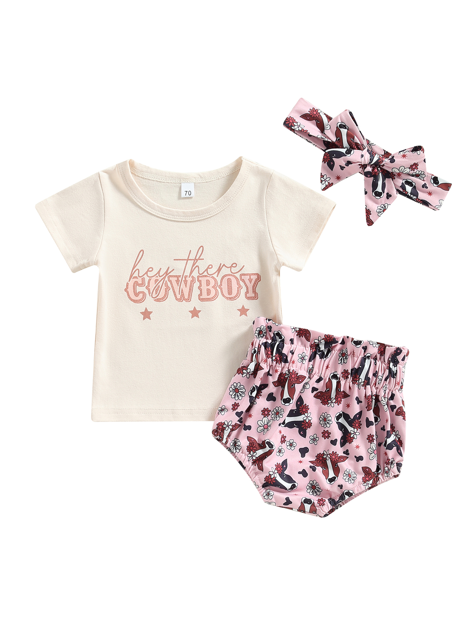 Lamuusaa Toddler Girl 2Pcs Western Outfits, Short Sleeve Star Letter T-shirts + Cow Shorts Set ...