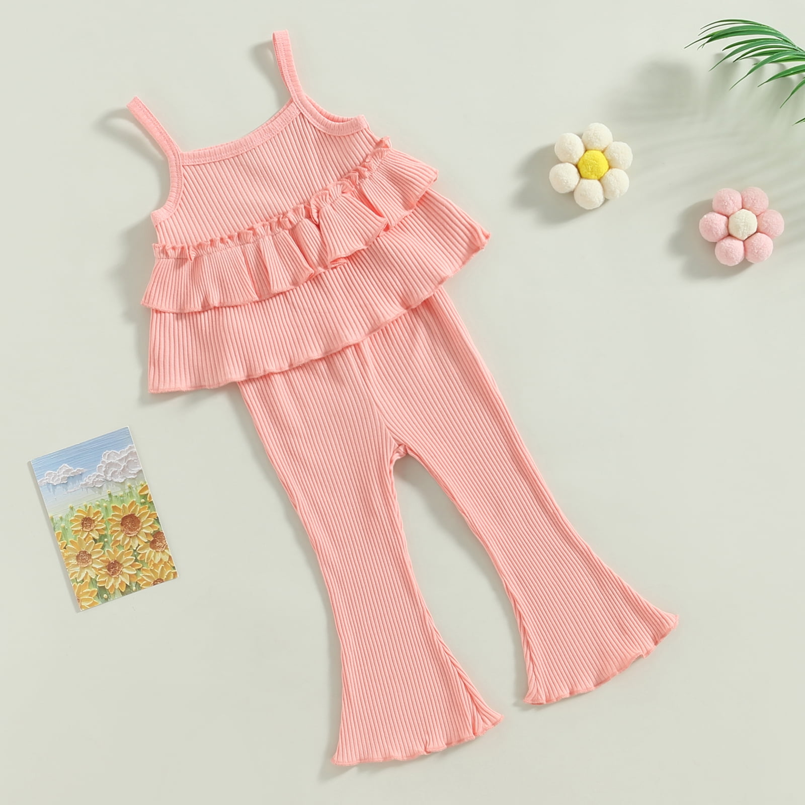 Lamuusaa Toddler Girls Summer Outfit Sets Layered Ruffle Camisole ...