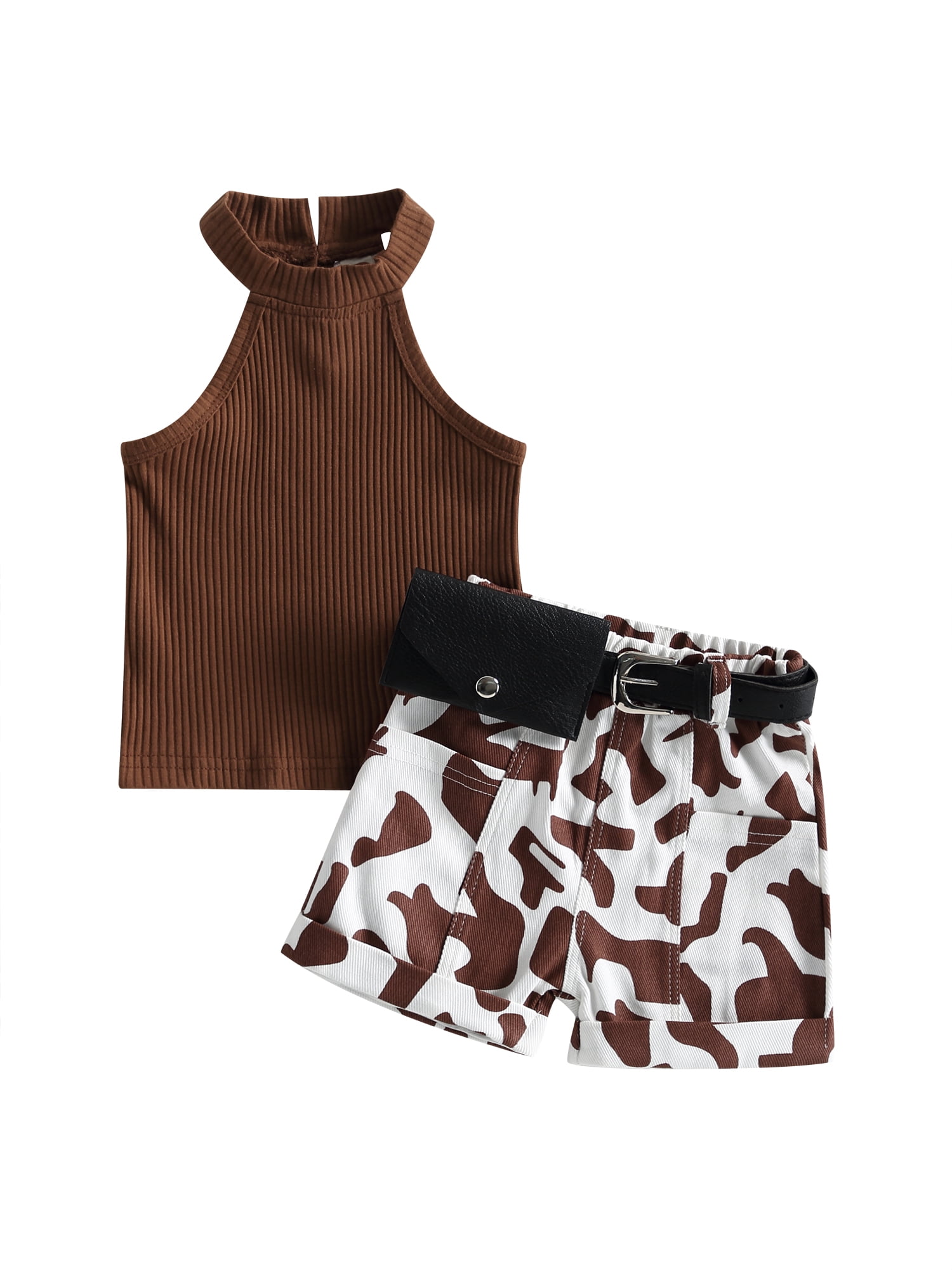 Lamuusaa Toddler Girls Summer Outfit Sets Solid Color Sleeveless Ribbed ...