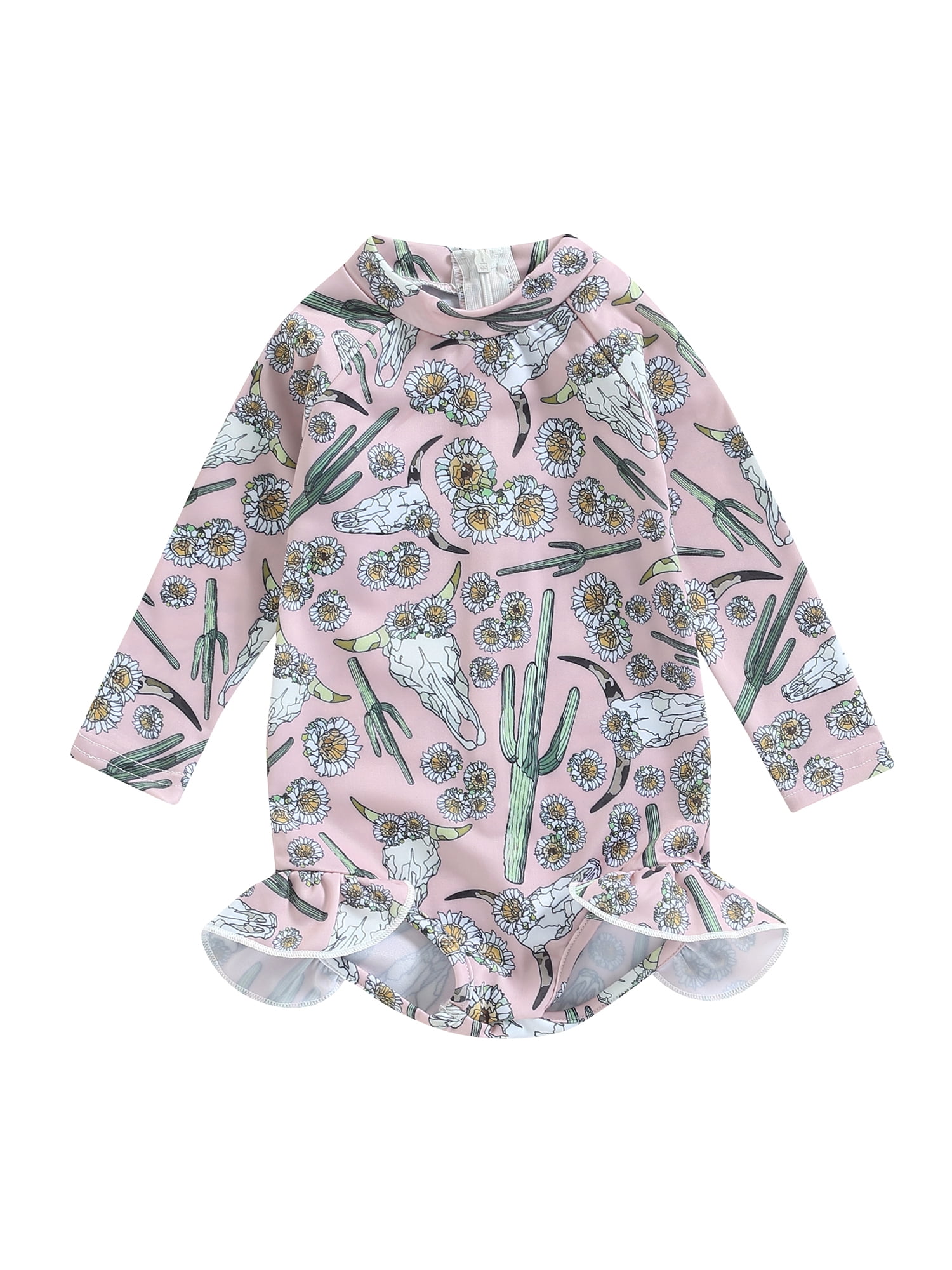 Lamuusaa Toddler Girls Summer Romper Bathing Suit Long Sleeve O Neck Cattle Head Floral Print ...