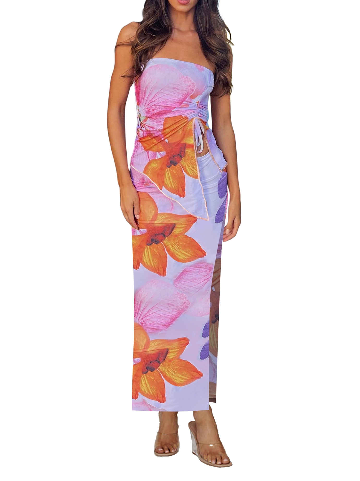 Lamuusaa Women 2 Piece Summer Outfits Floral Irregular Drawstring ...