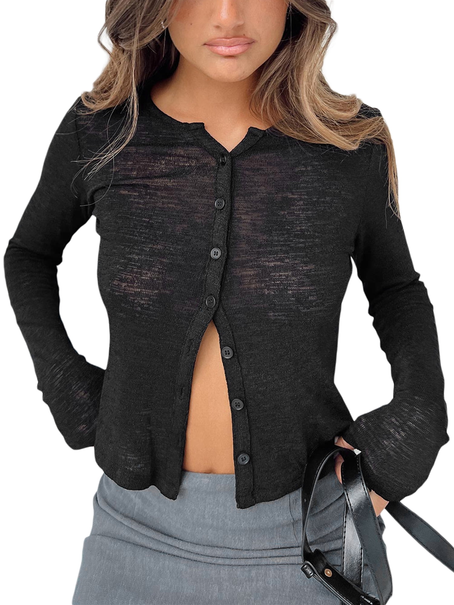 Lamuusaa Women Button Up Shirt Casual Sheer Long Sleeve Cropped ...