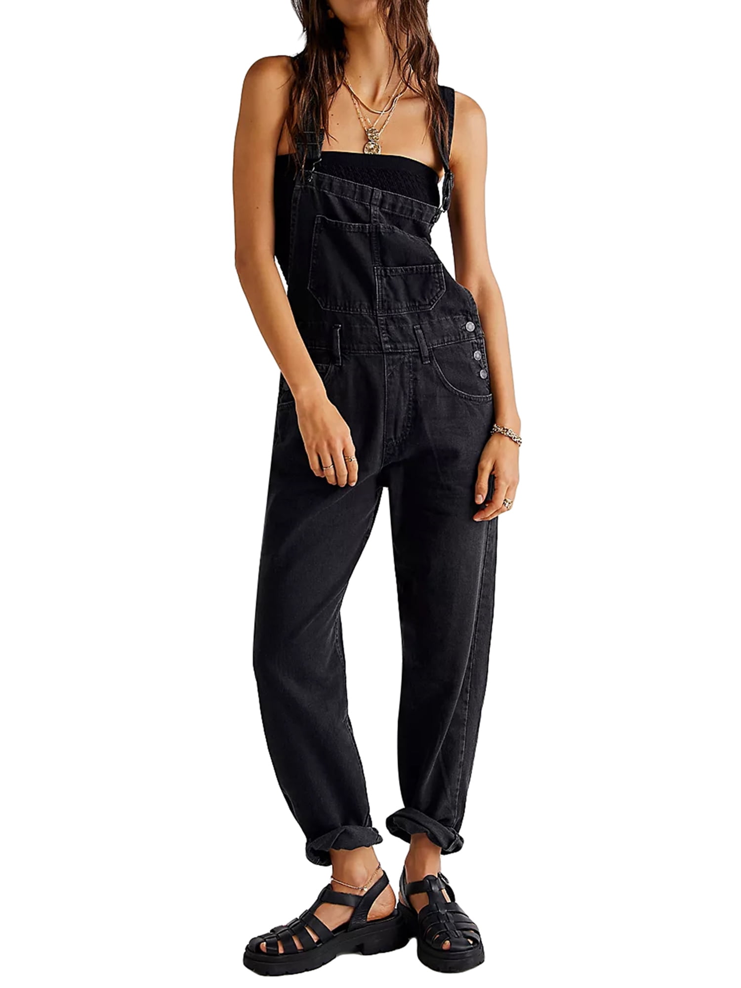 Lamuusaa Women Denim Long Jumpsuit Casual Strap Wide Leg Romper Pants ...