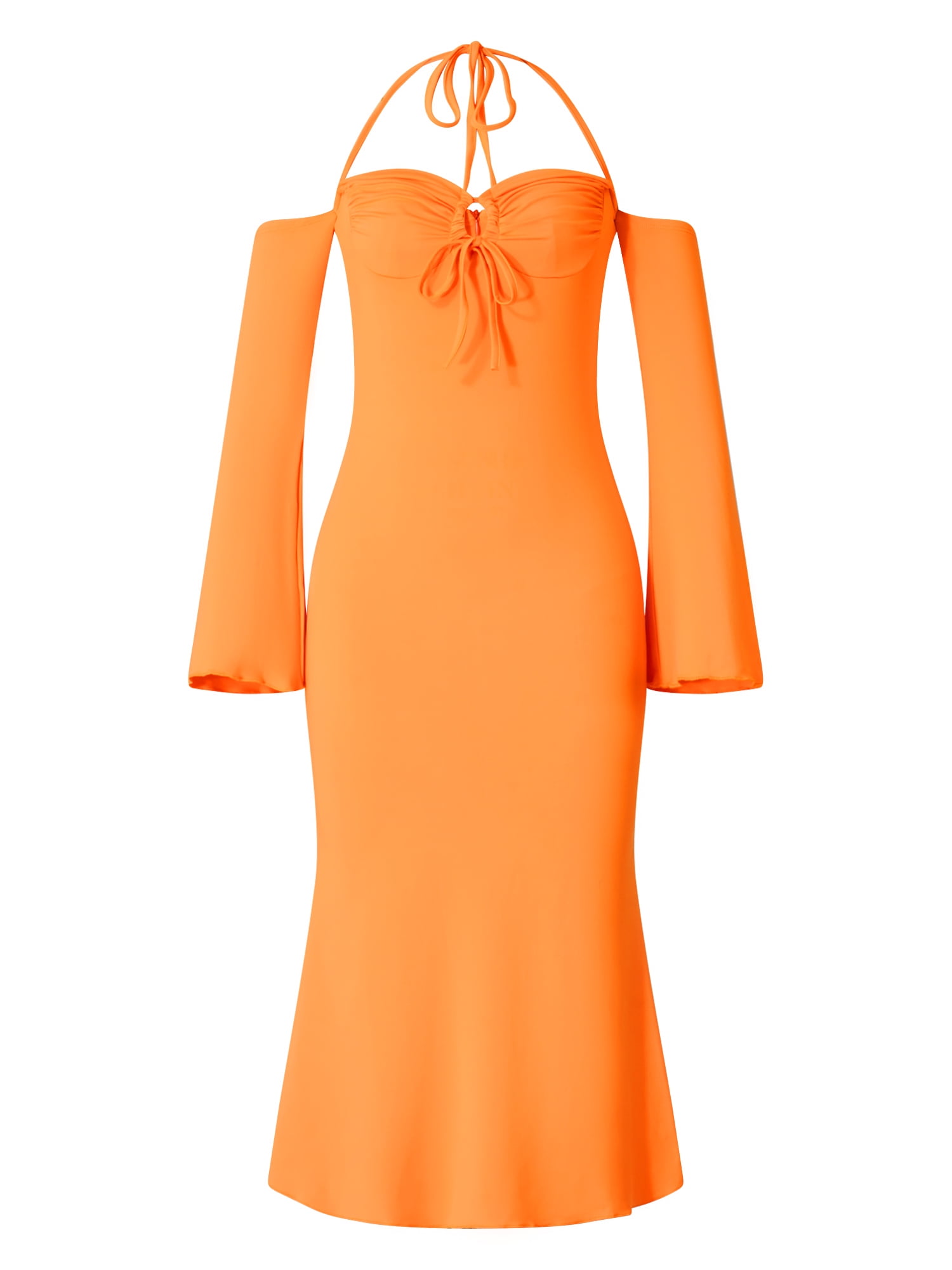 Lamuusaa Women Elegant Midi Dress, Halter Strap Low-cut Tie-up Long ...