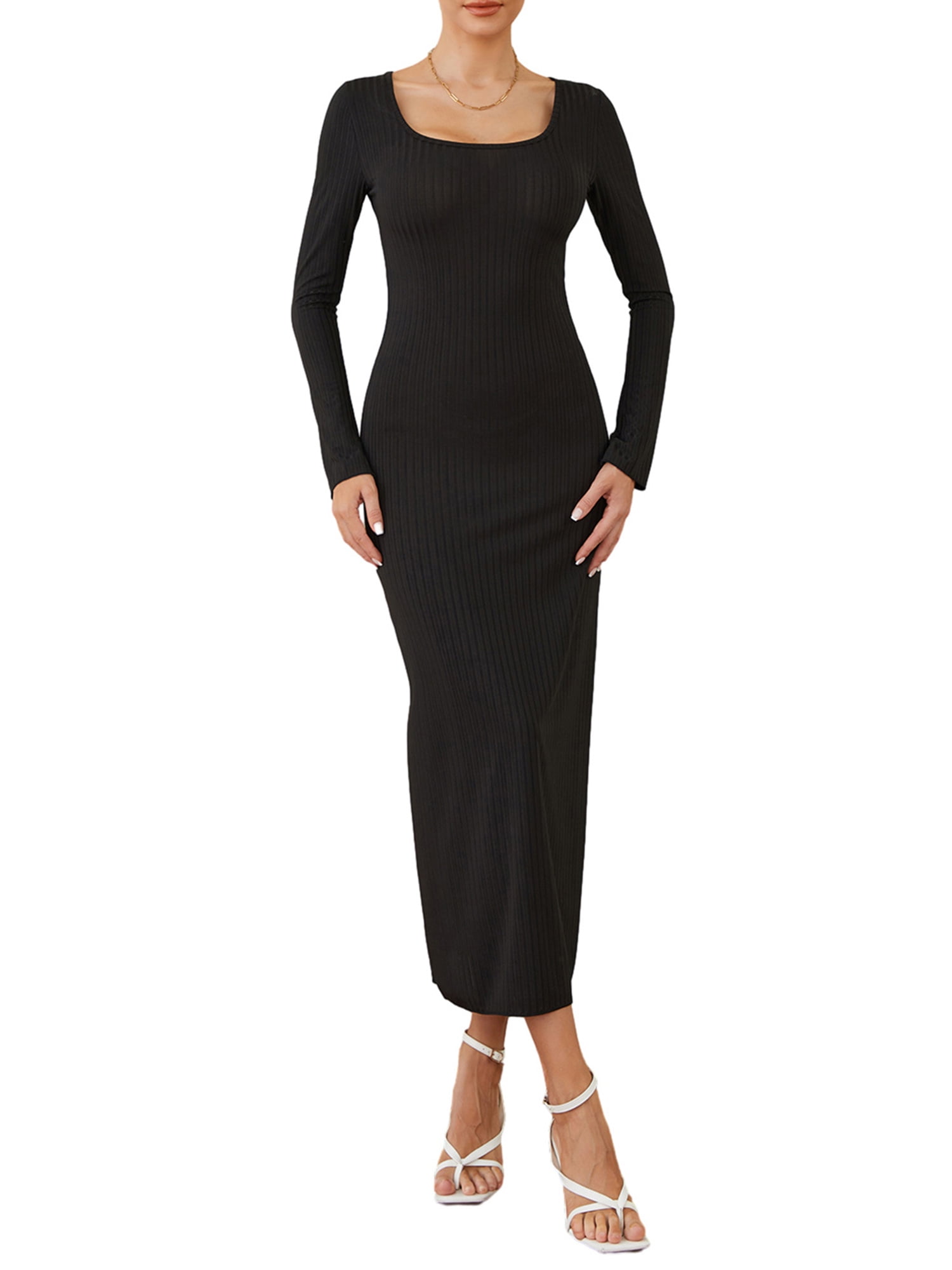 Lamuusaa Women Long Dress Long Sleeve Dress Square Neck Solid Slim Fit Dress For Daily Street
