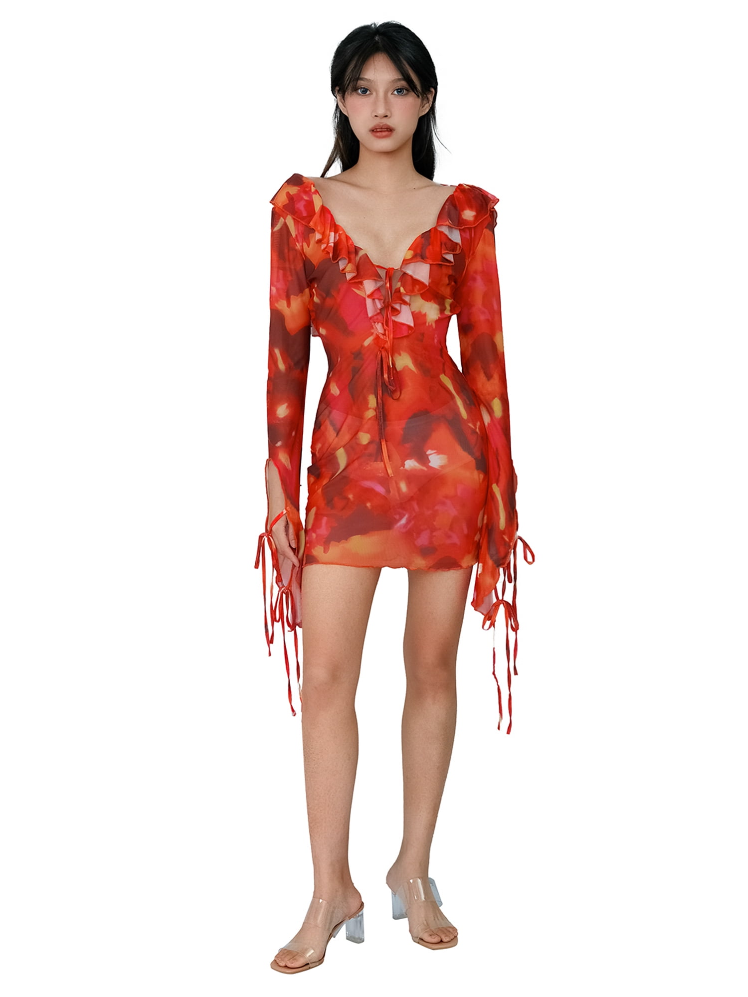 Lamuusaa Women Long Sleeve Dressruffles Deep V Neck Backless Cocktail