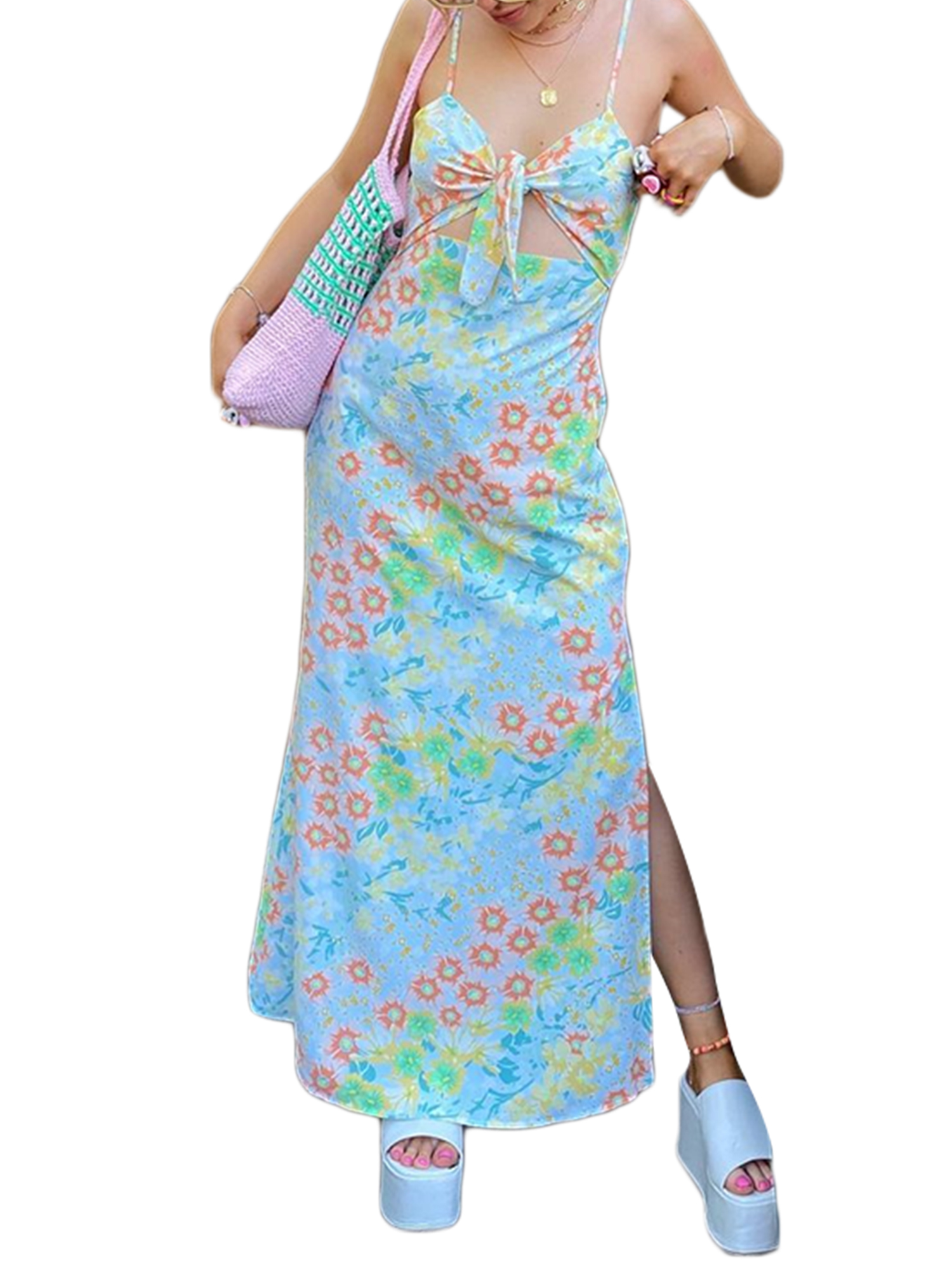 Lamuusaa Women Sexy Slit Dress, Blue Floral Printed Pattern Deep V-neck ...