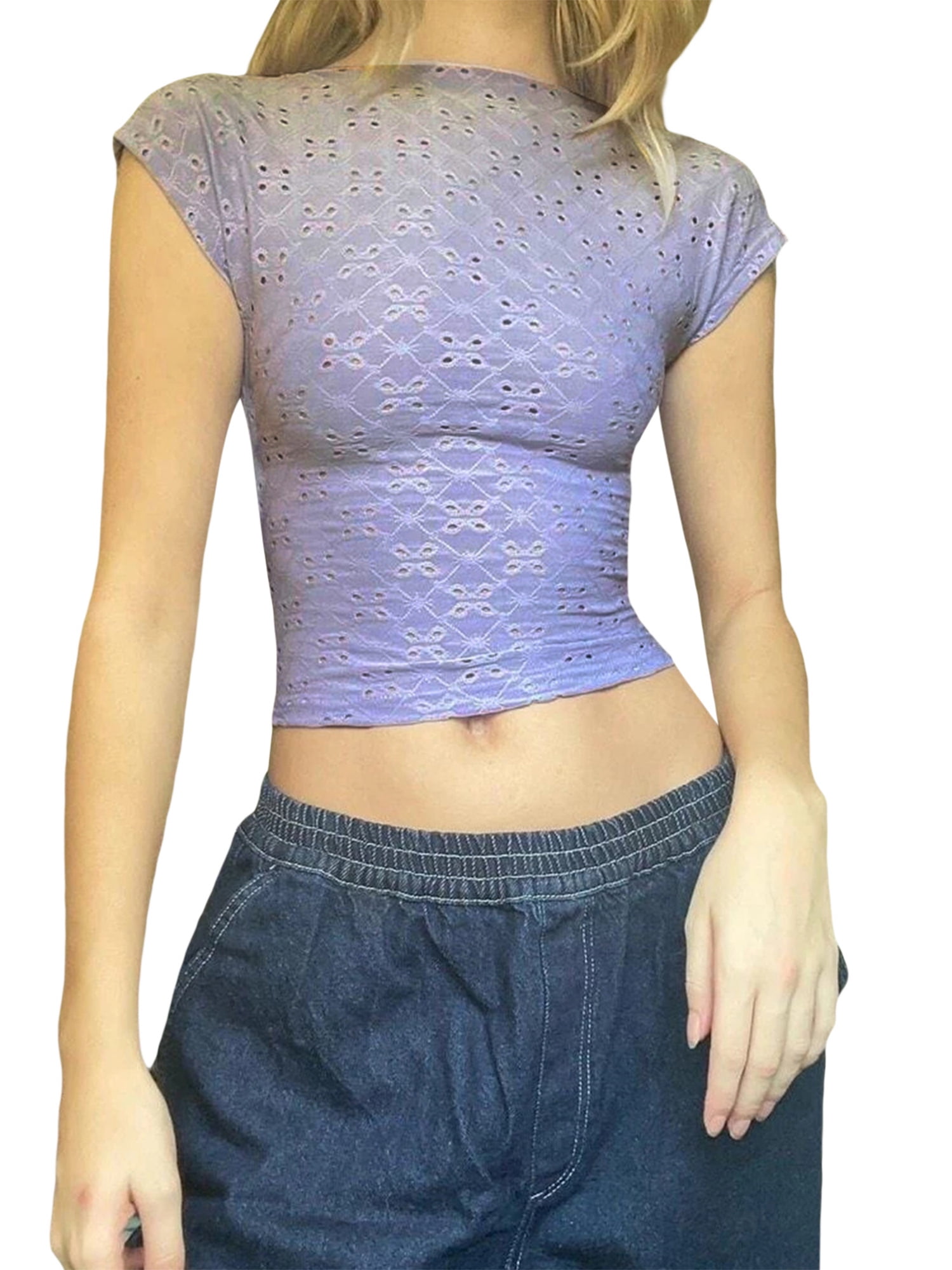 Lamuusaa Women Short Sleeve Crop Tops T-Shirts Summer Backless Exposed ...