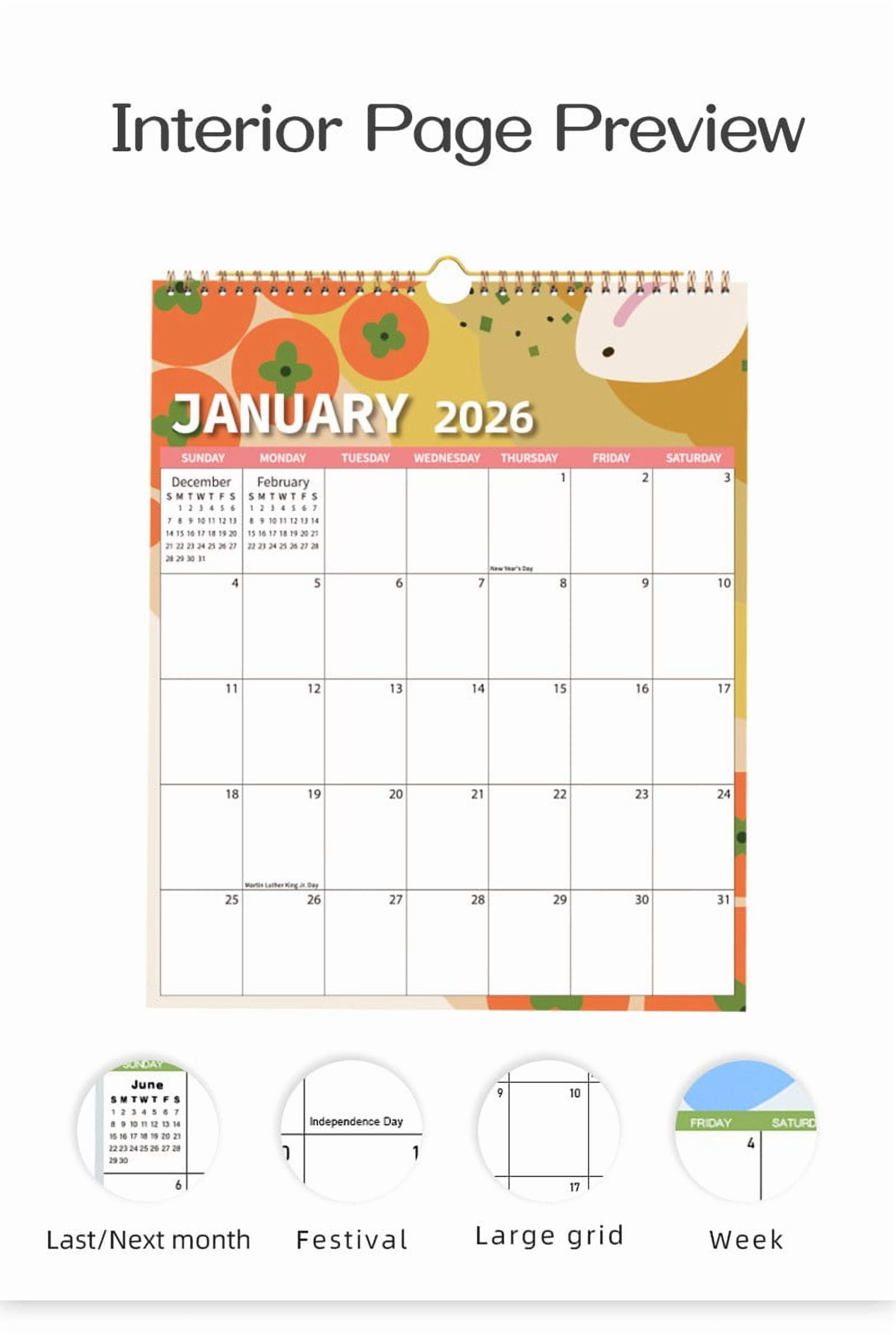 LanSuare 2026 Wall Calendar, 12 Months Calendar 2026, 15" x 12" Jan ...