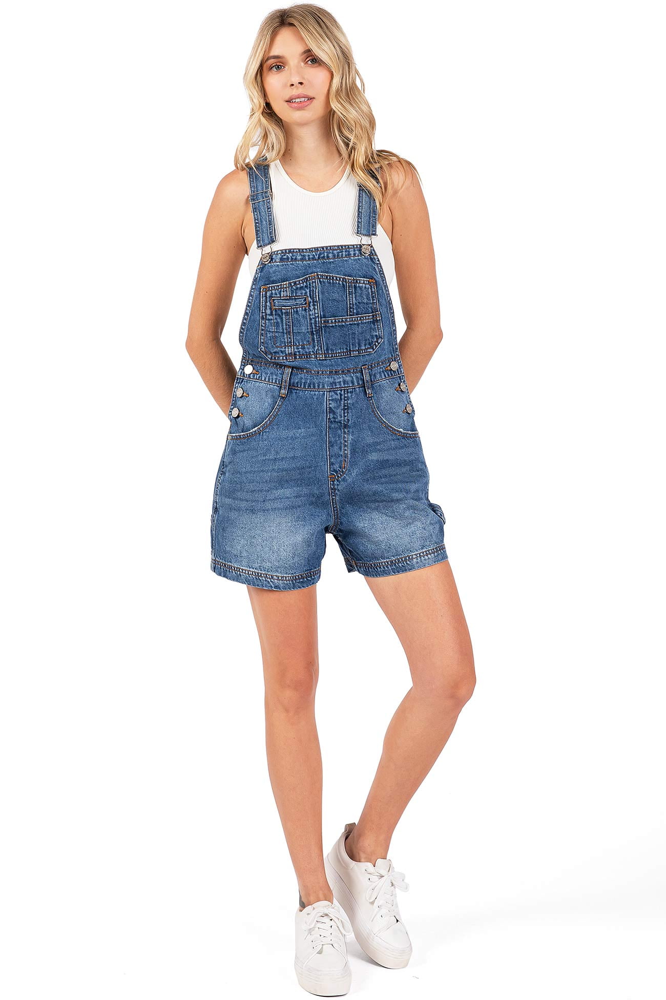 Lana Roux 90s Retro Revolt Dungaree Utility Denim Romper Short Overalls (Medium Wash, Small ...