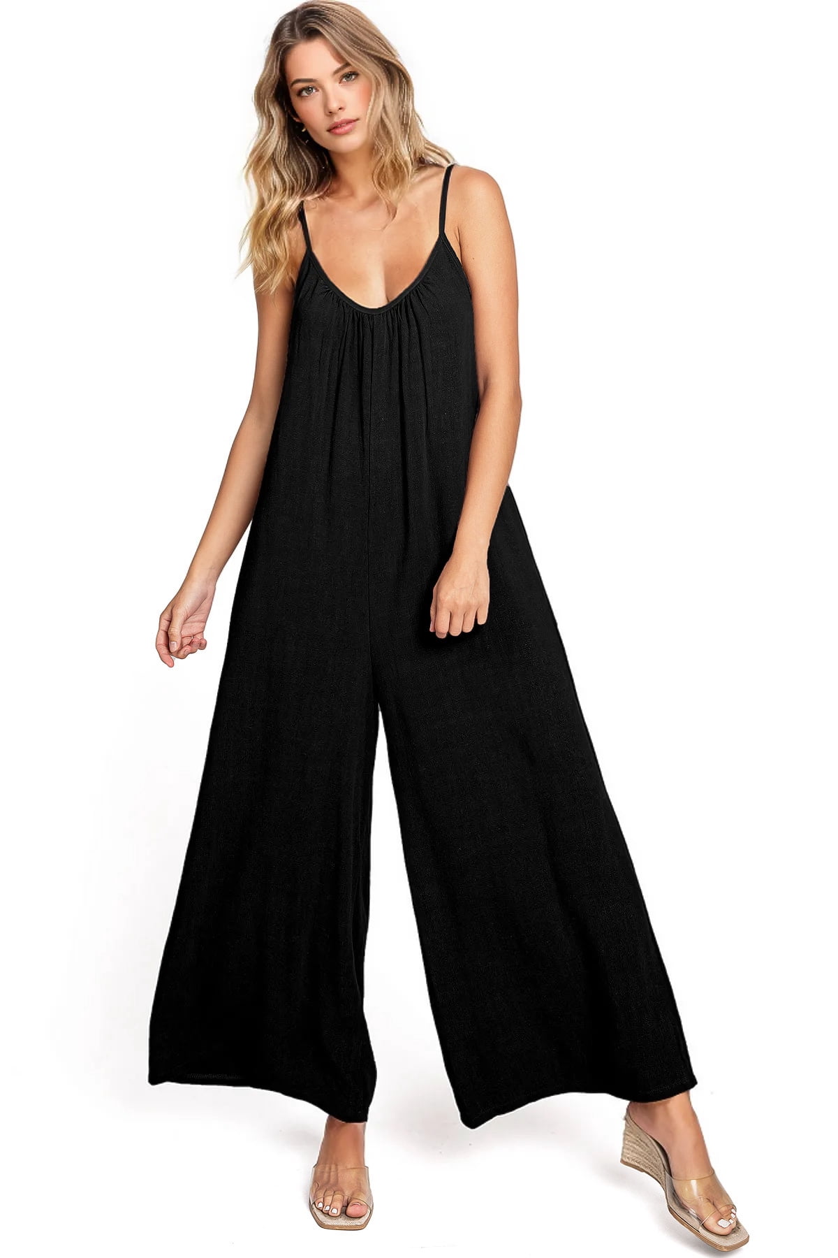 Lana Roux Women's Cami Loose Fit Crop Wide-Leg Linen Jumpsuit (Black ...