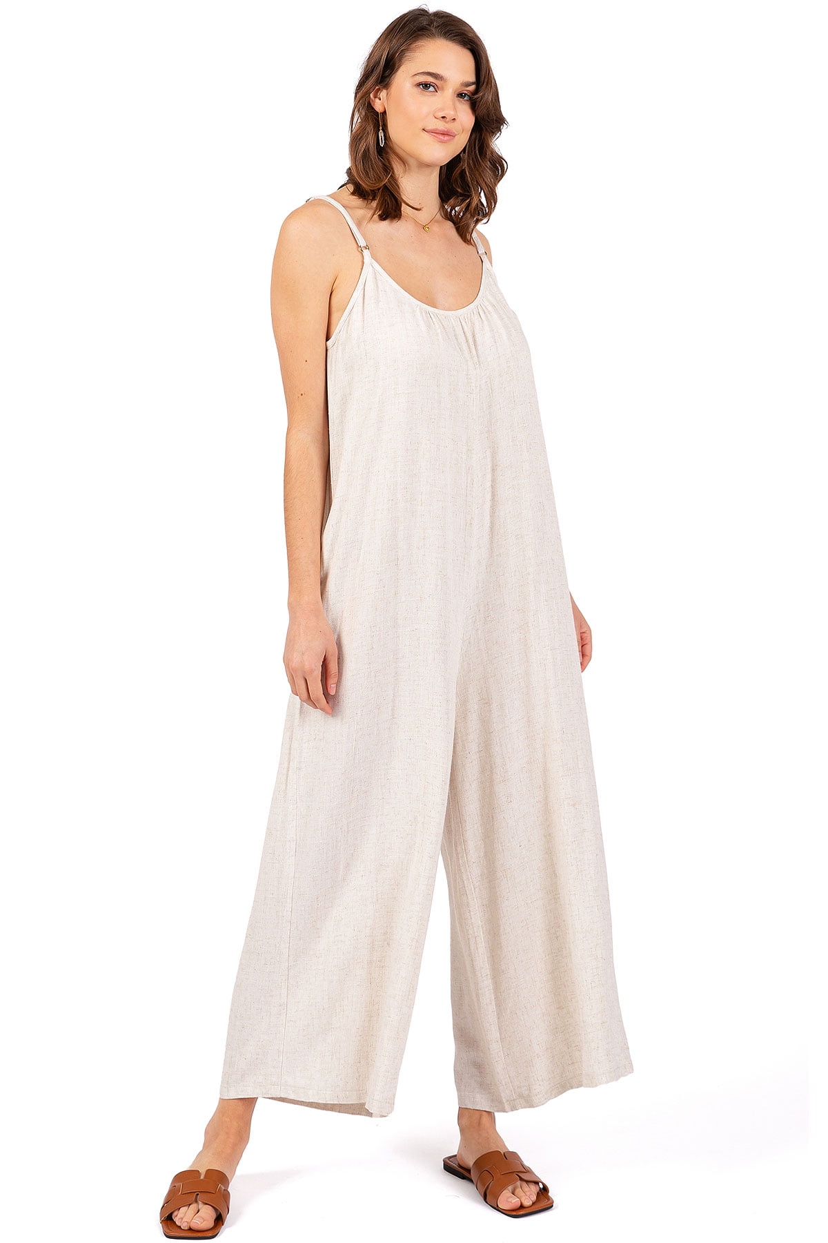 Lana Roux Women's Cami Loose Fit Crop Wide-Leg Linen Jumpsuit (Natural ...