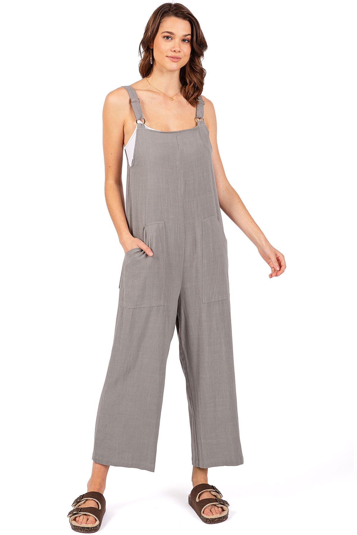 Lana Roux Women's Crop Wide-Leg Linen Jumpsuit (Earth Grey, Large ...