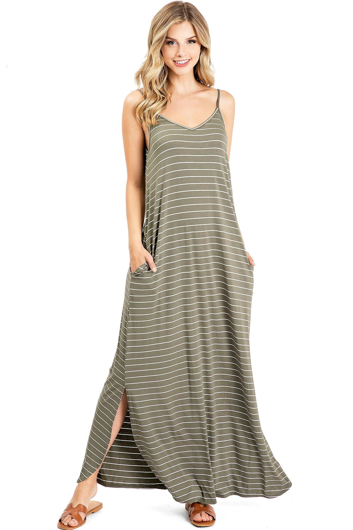 Lana Roux Womens Casual Soft Stripe Spaghetti Strap Maxi Dress (Olive ...