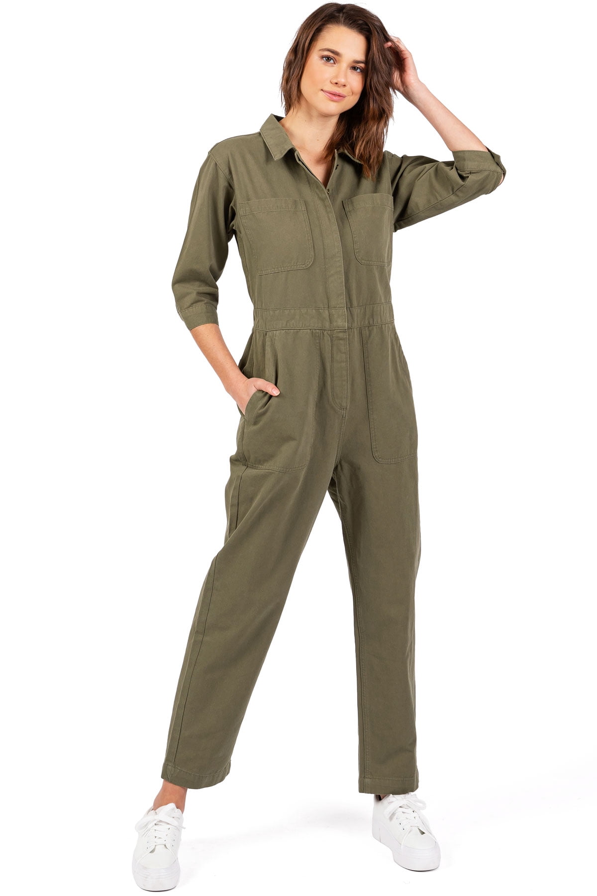 Lana Roux Womens Coverall Aviator Chino Twill Jumpsuit (Olive, Small ...