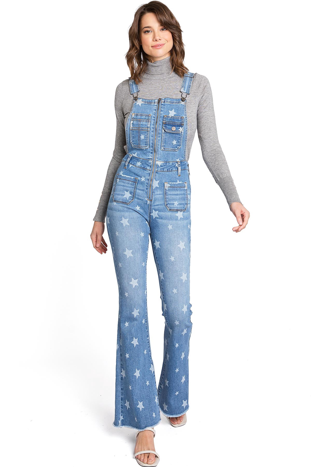 Lana Roux Womens Zipper Bib Star Print Jean Bell Bottom Flare Overalls ...