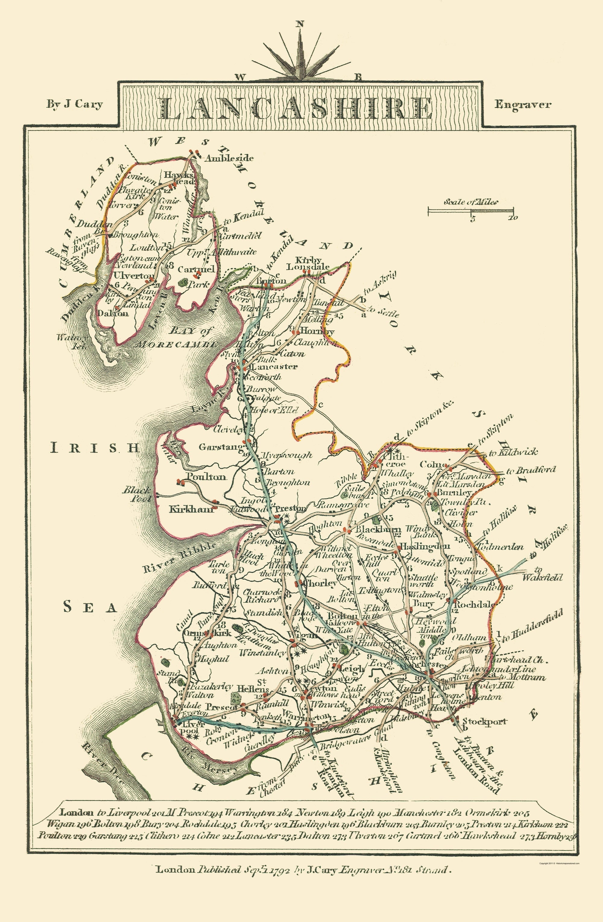 Historic Map - Lancashire County England - Cary 1792 - 23 x 35.14 ...