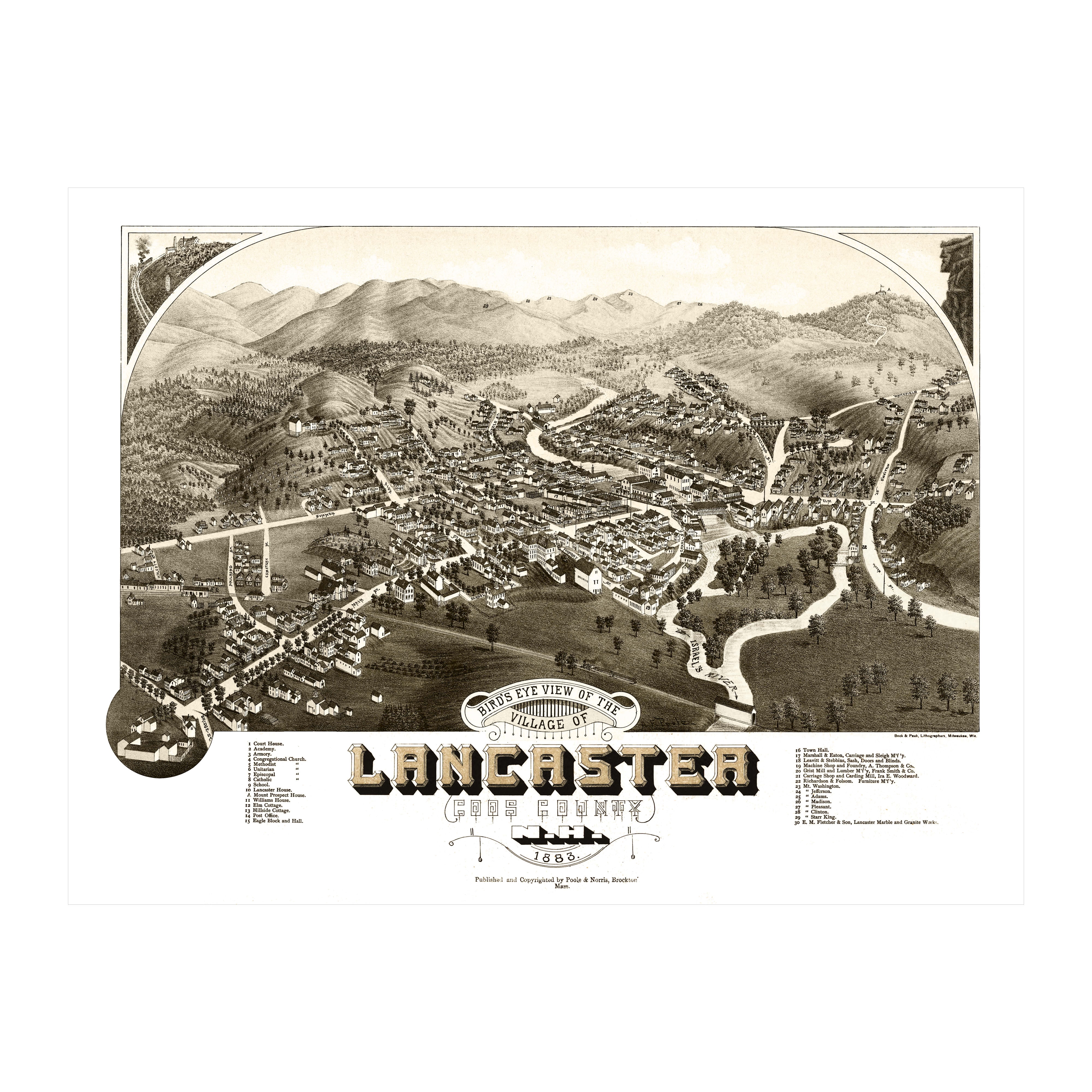 Lancaster Art, 1883 Vintage Map of Lancaster New Hampshire, NH History ...