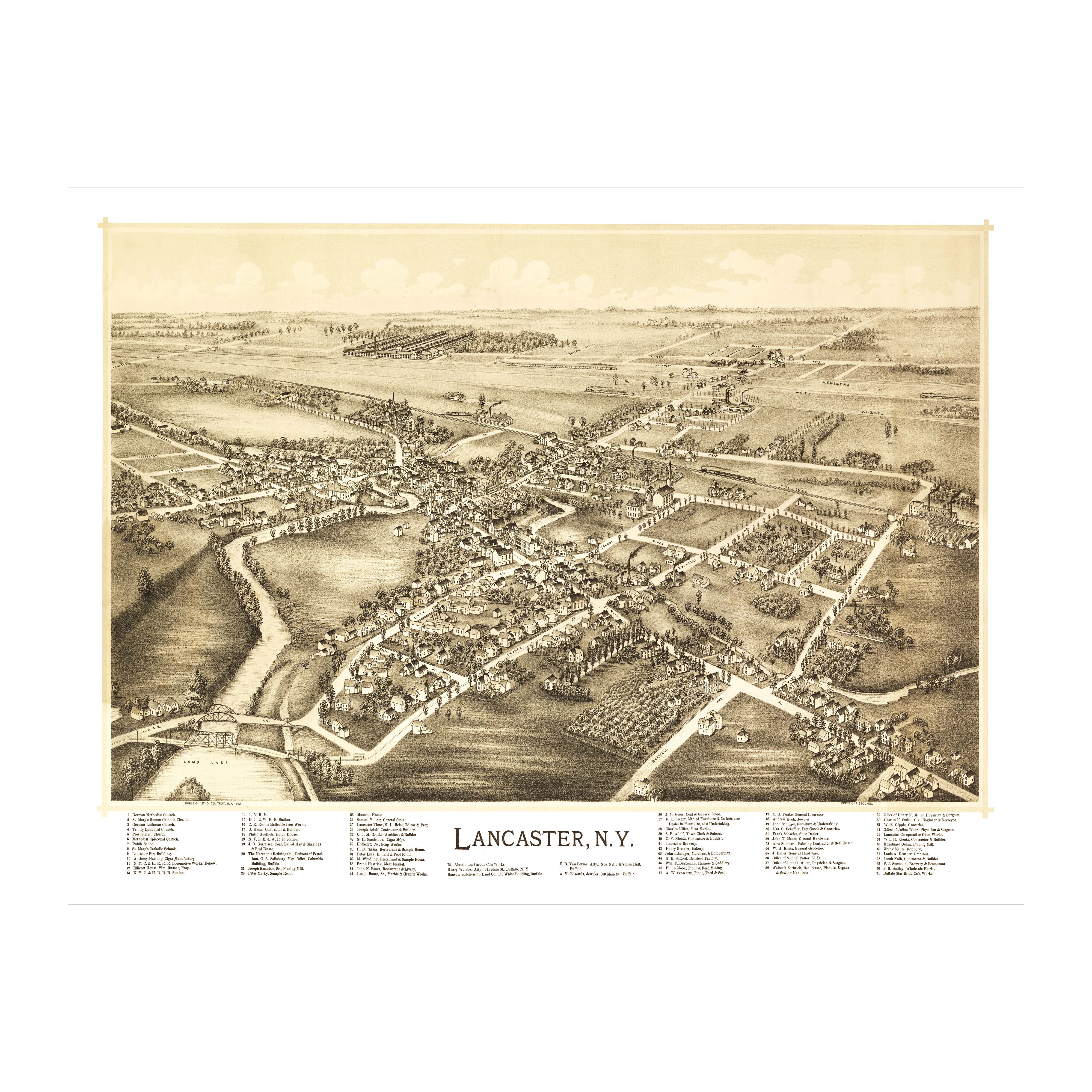 Lancaster Art, 1892 Vintage Map of Lancaster New York, NY History Wall ...