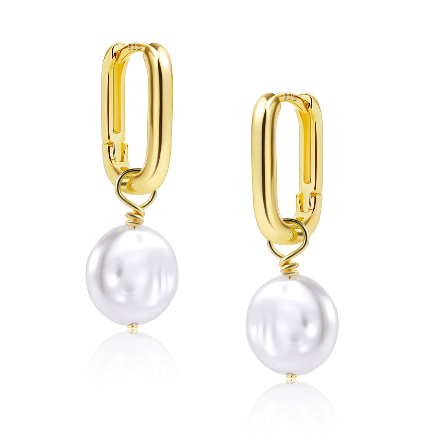Lancharmed Gold Plated Earrings for Womens,Round Flat Pearl Pendant ...