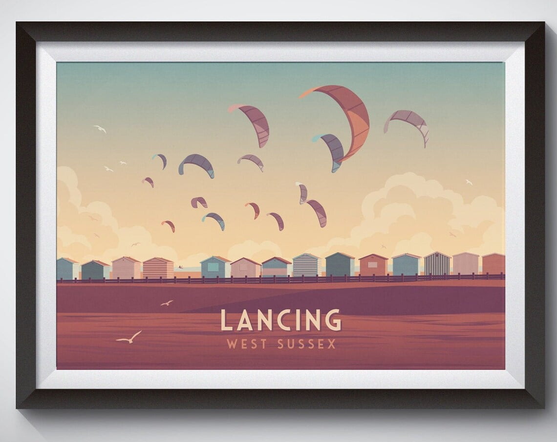 Lancing Travel Poster, West Sussex, Seaside, Kitesurfing Print, South ...