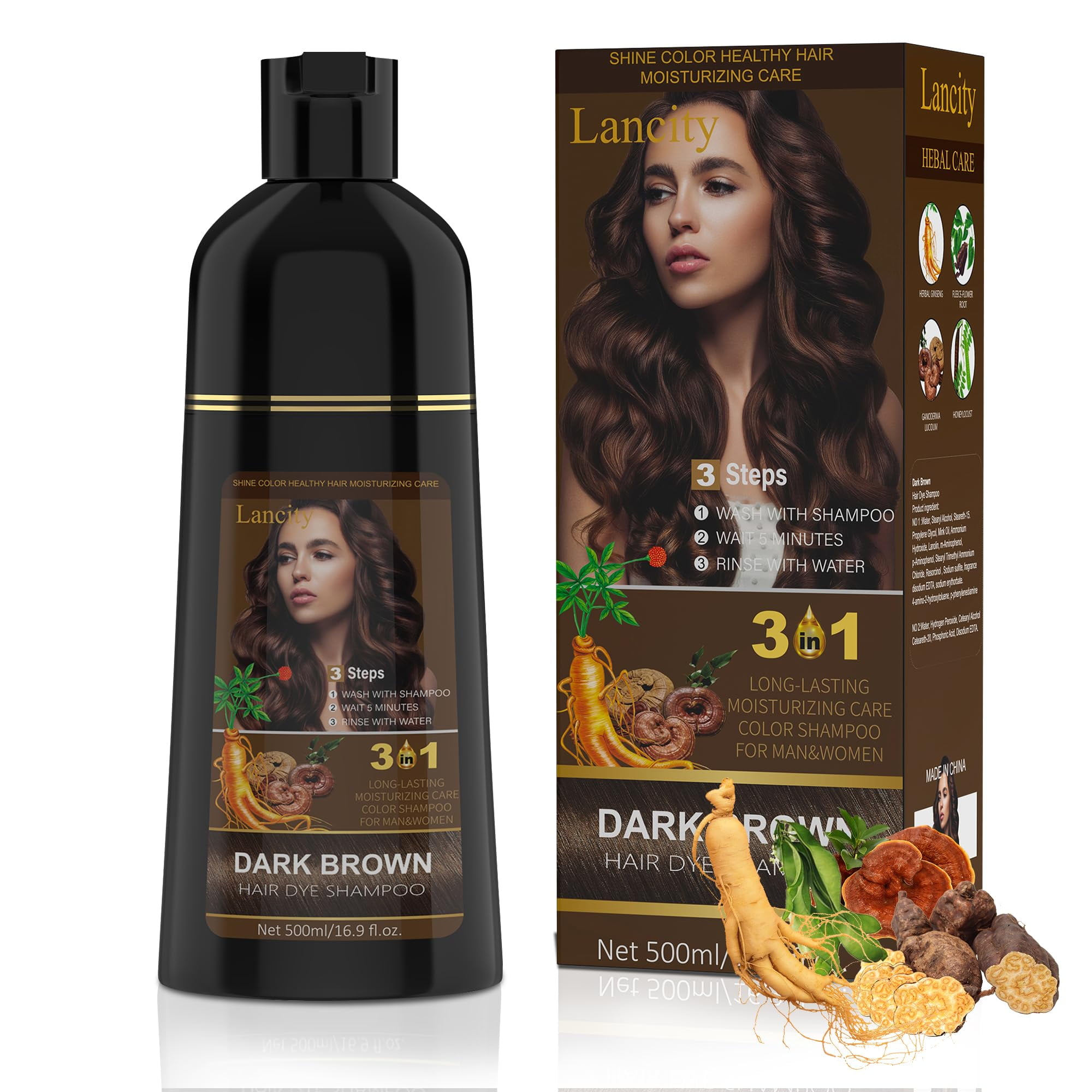 Lancity Dark Brown Hair Dye Shampoo, 17.6 Fluid Ounces, 3 in1 Instant ...