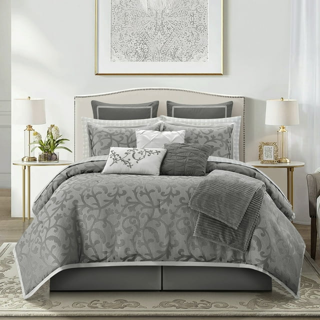 Lanco 14 Piece Grey Comforter Set, Queen Size Jacquard Bedding Set, All ...