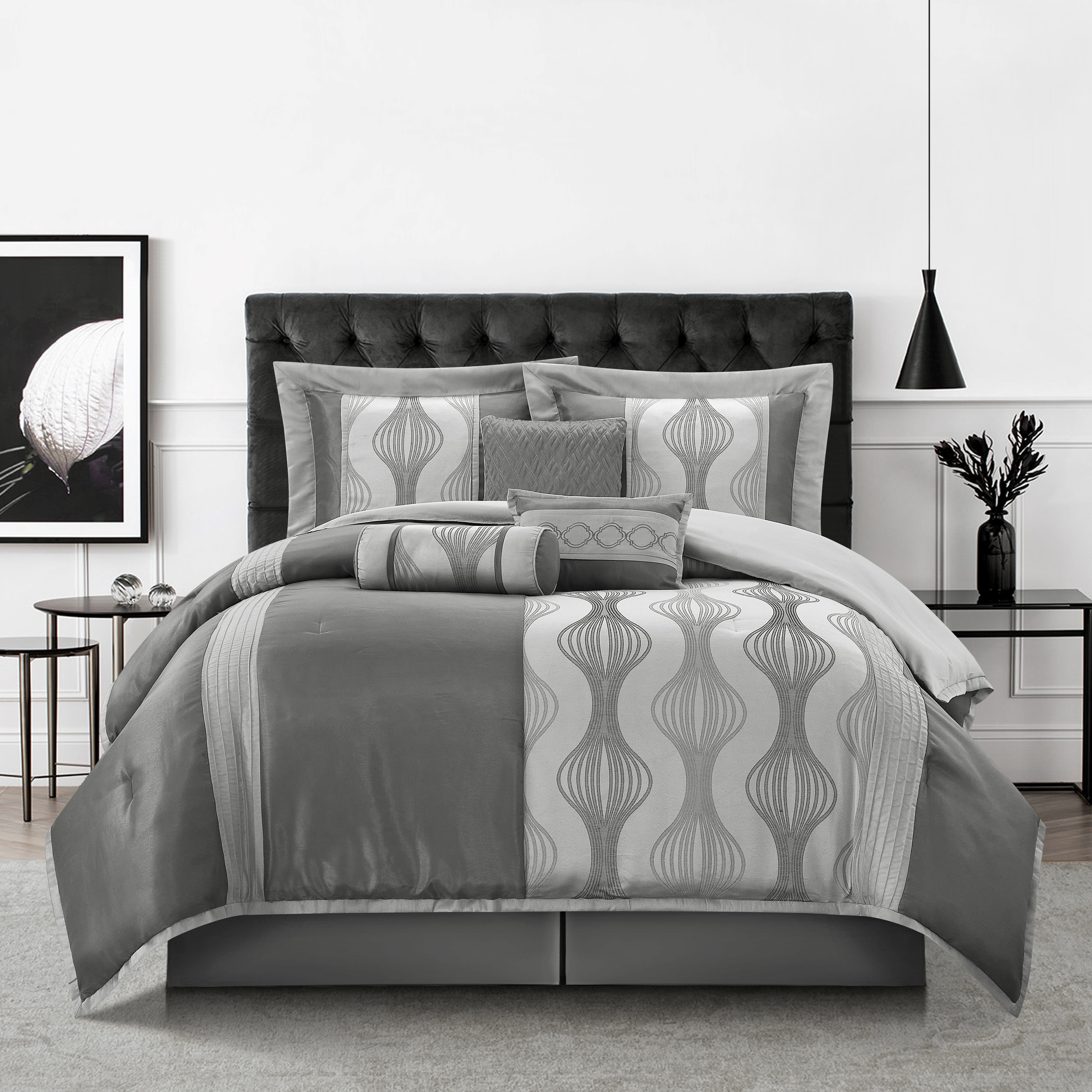 Lanco 7 Piece Grey Comforter Set, Queen Size Jacquard Bedding Set, All ...