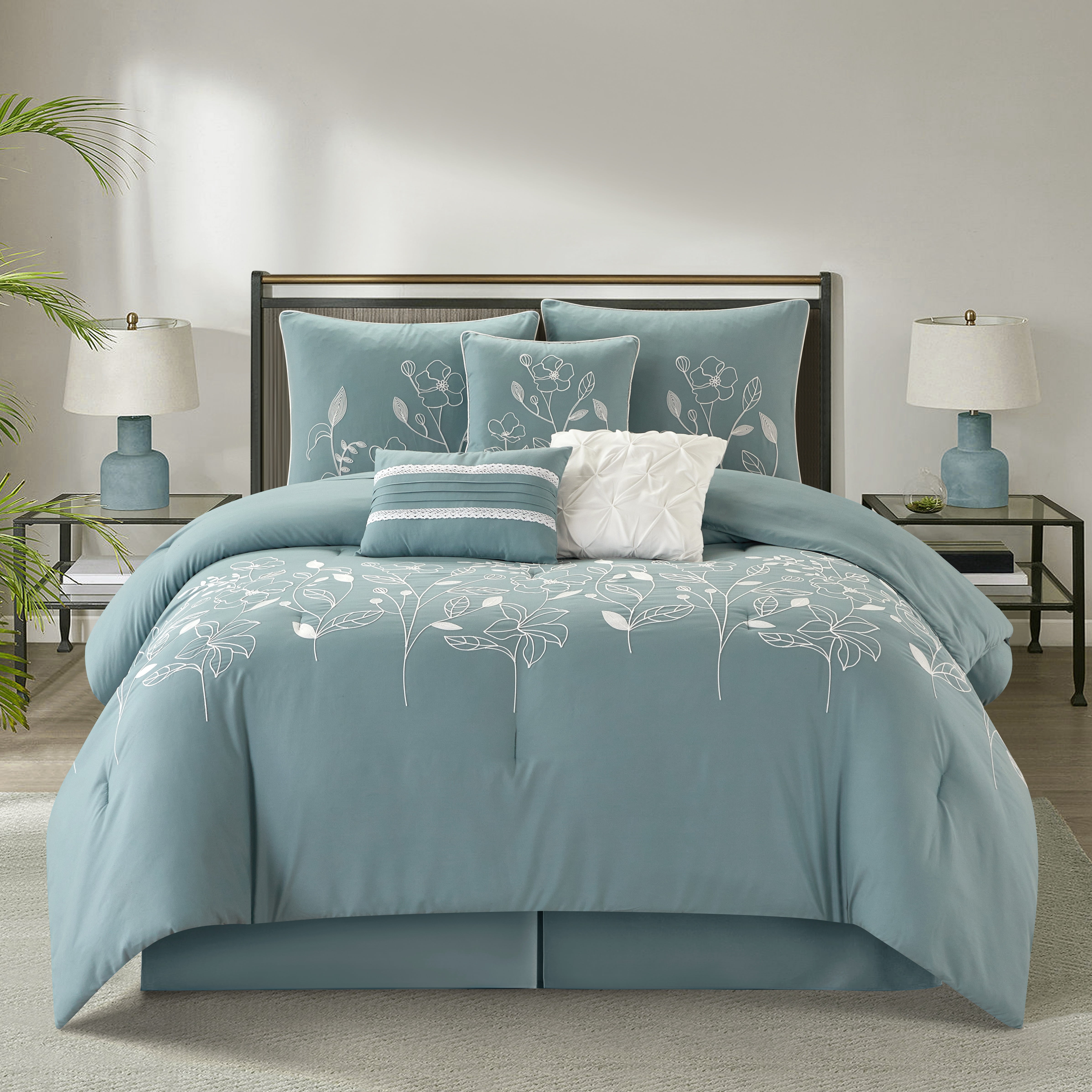 Lanco 7 Piece Blue Comforter Set, California King Size Chain Stiching ...