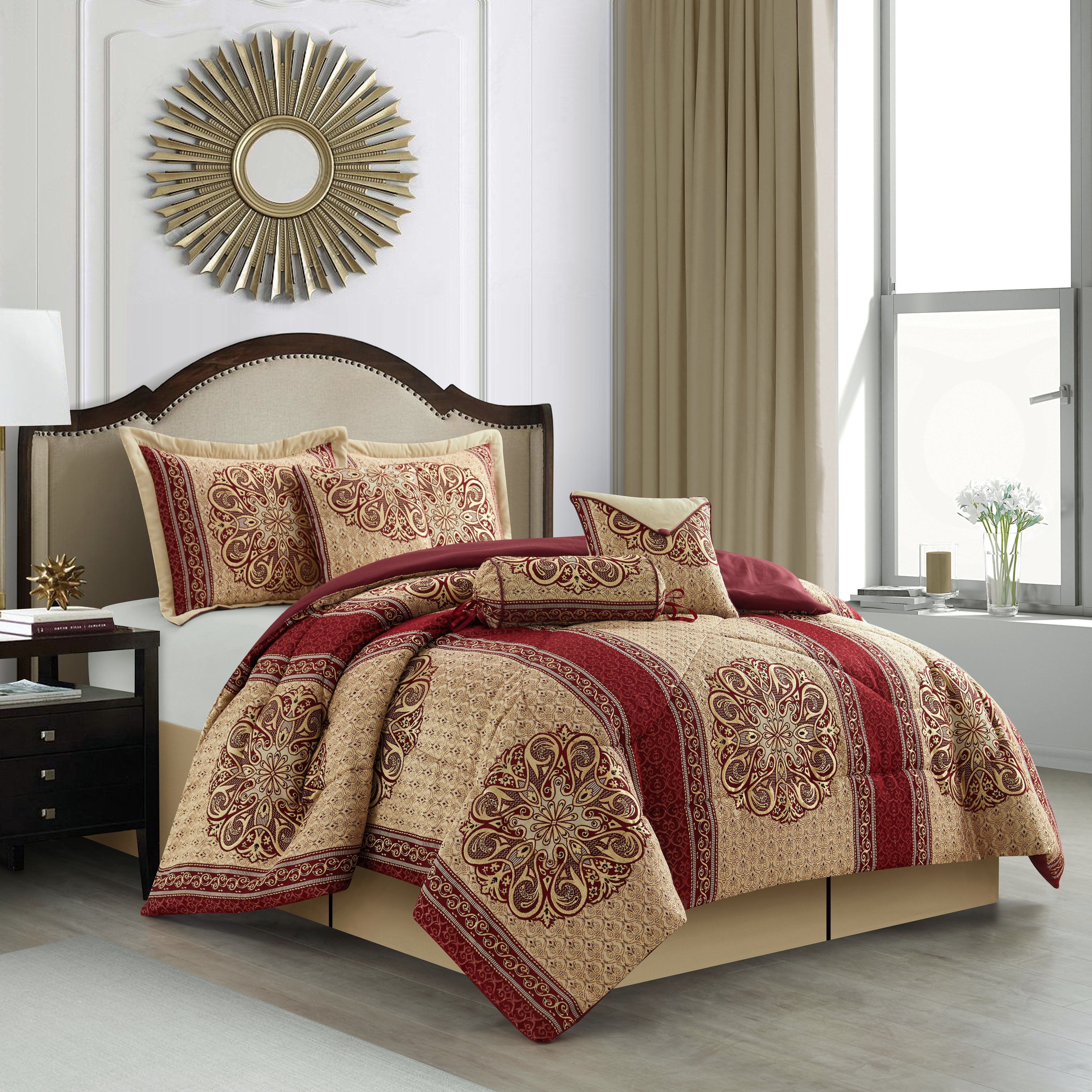 Lanco 7 Piece Burgundy Bedding Comforters & Sets, Gold/Wine , Cal King ...