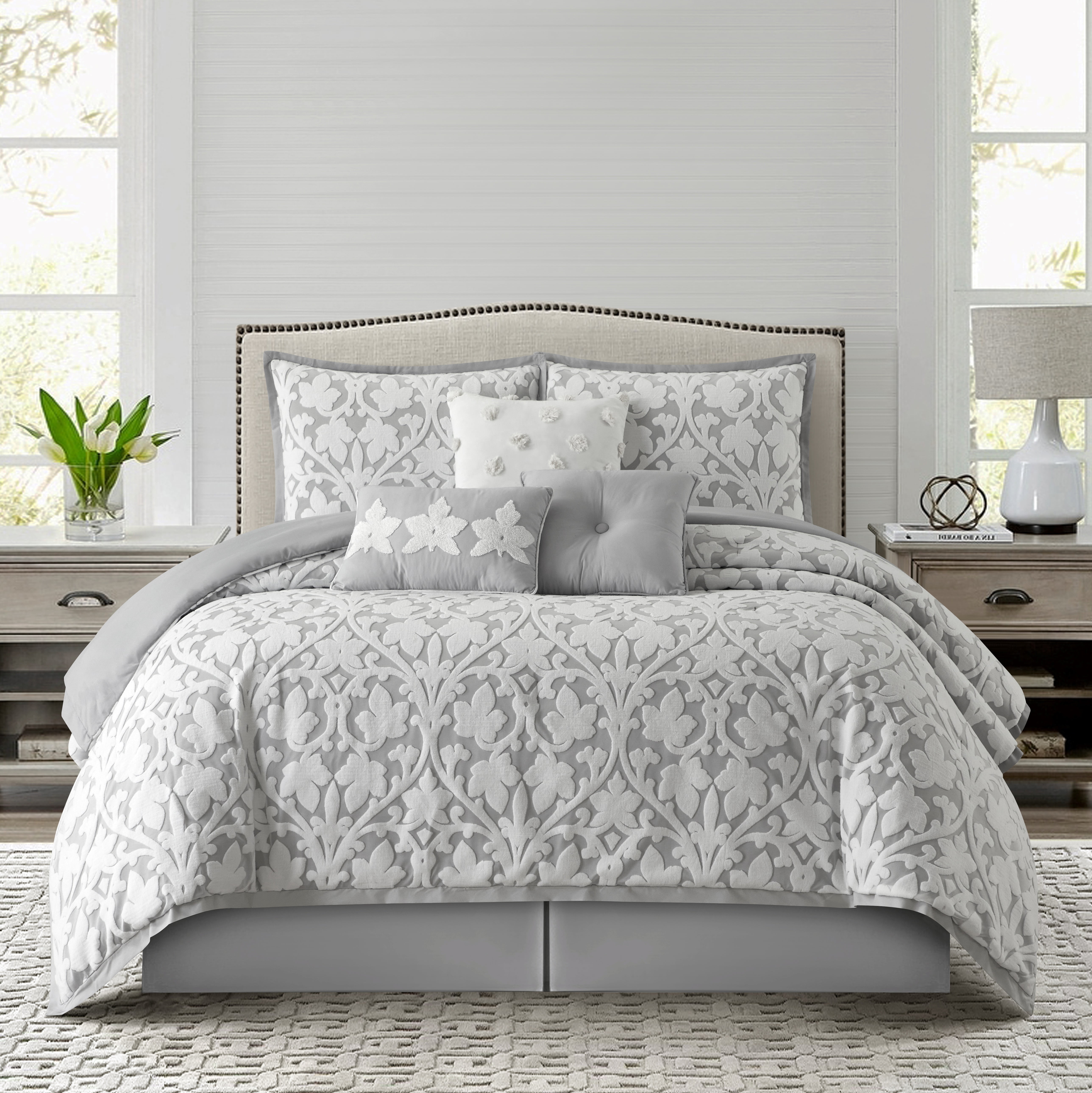 Lanco 7 Piece Floral Comforter Set, Color White Grey, Queen Size ...