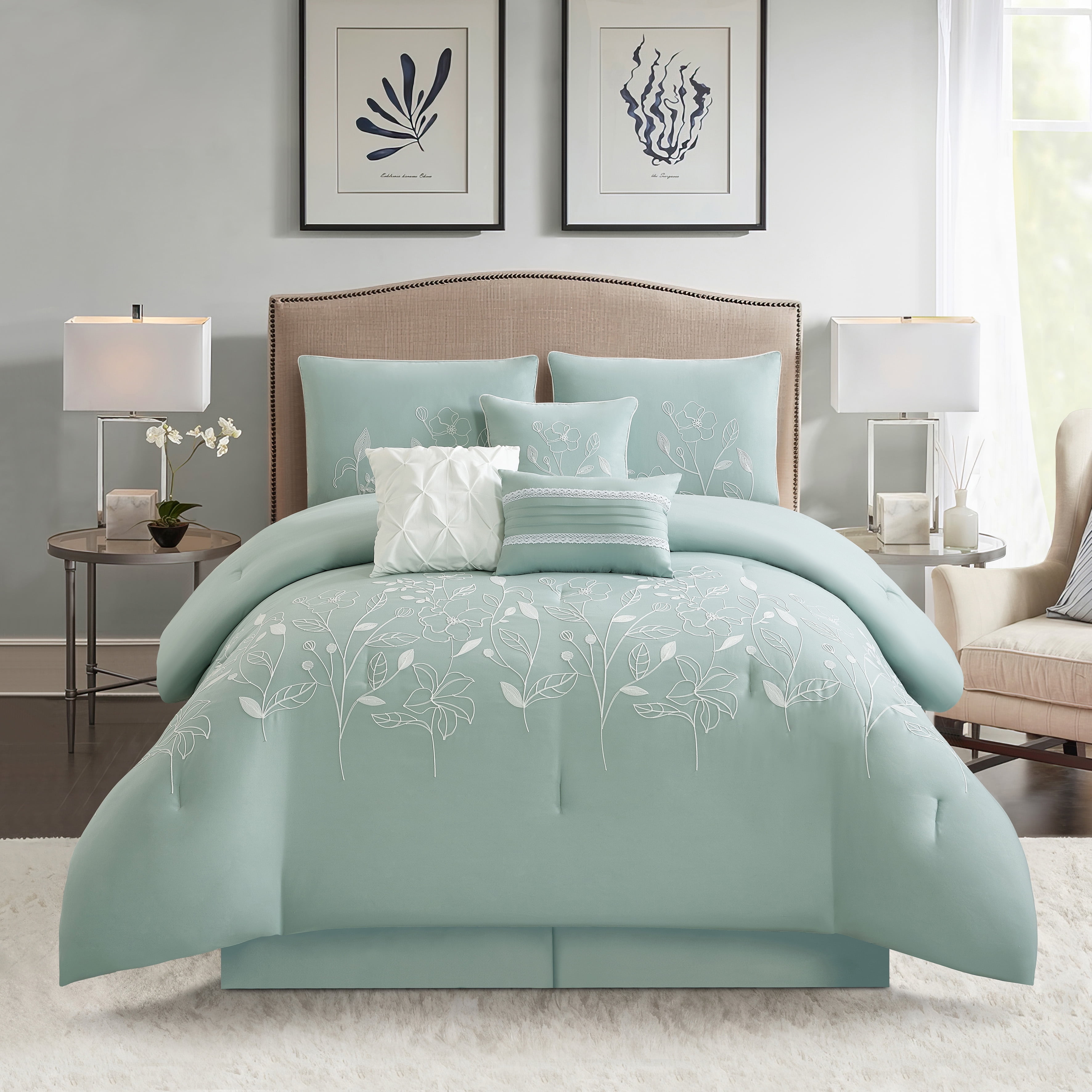 Lanco 7 Piece Green Comforter Set , King Size Chain Stiching Embroidery ...