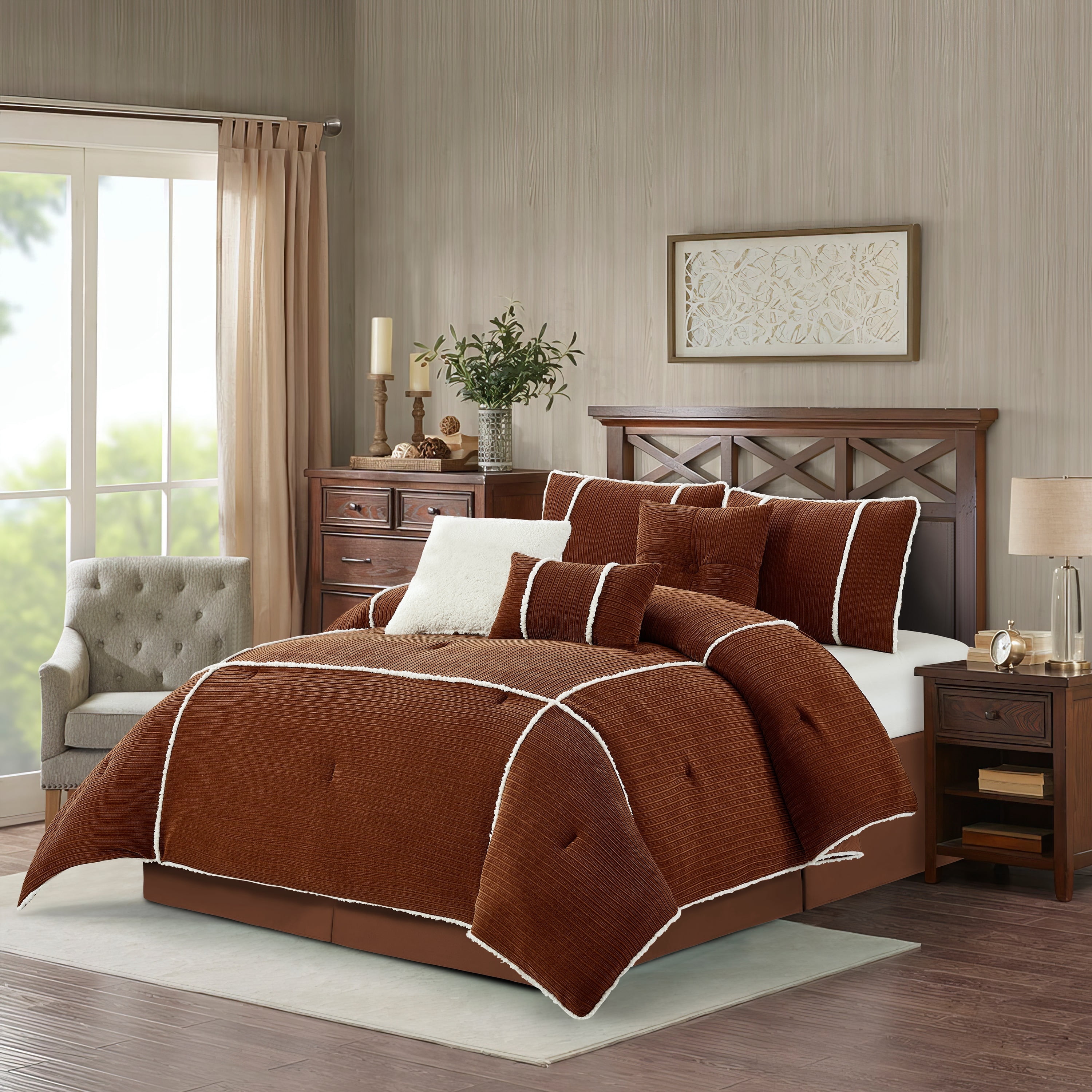 Lanco 7 Piece Rust Comforter Set , King Size Corduroy Peicework Bedding ...